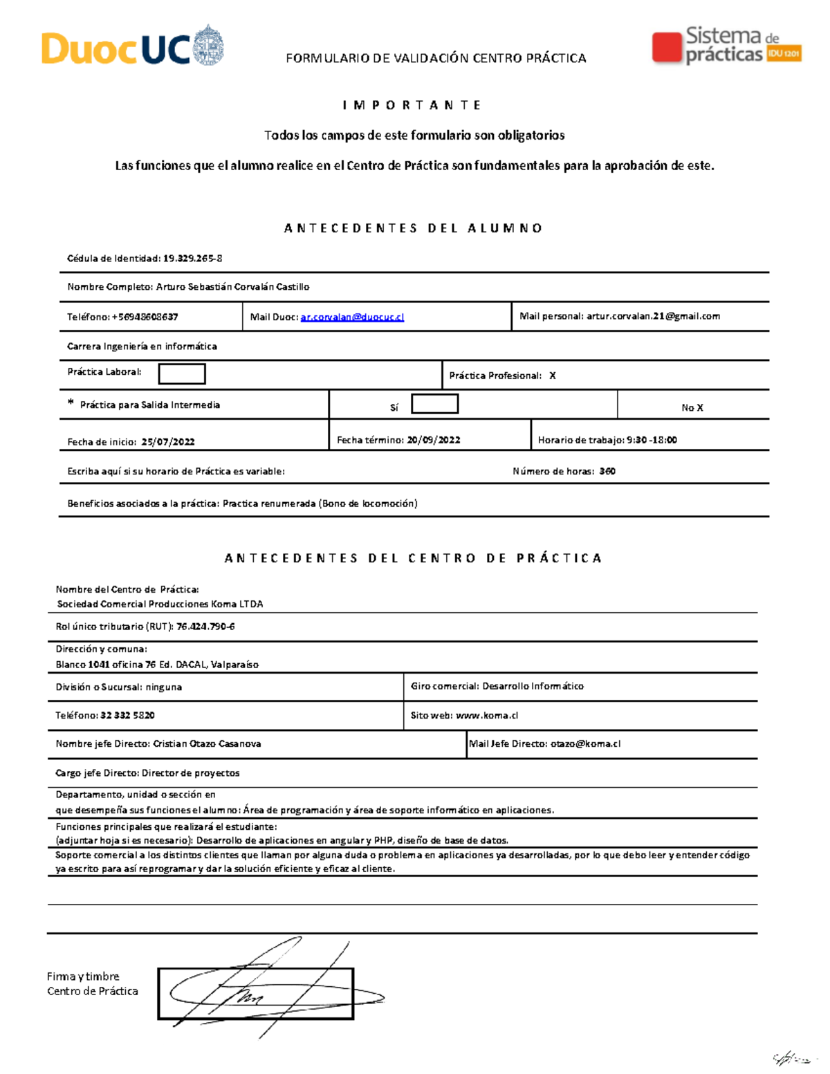 Formulario Validación Centro Práctica - FORMULARIO DE VALIDACI”N CENTRO PR¡CTICA I M P O R T A N ...