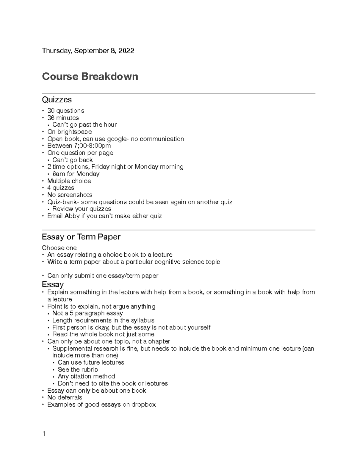 CGSC 1001- Course Breakdown - Thursday, September 8, 2022 Course ...