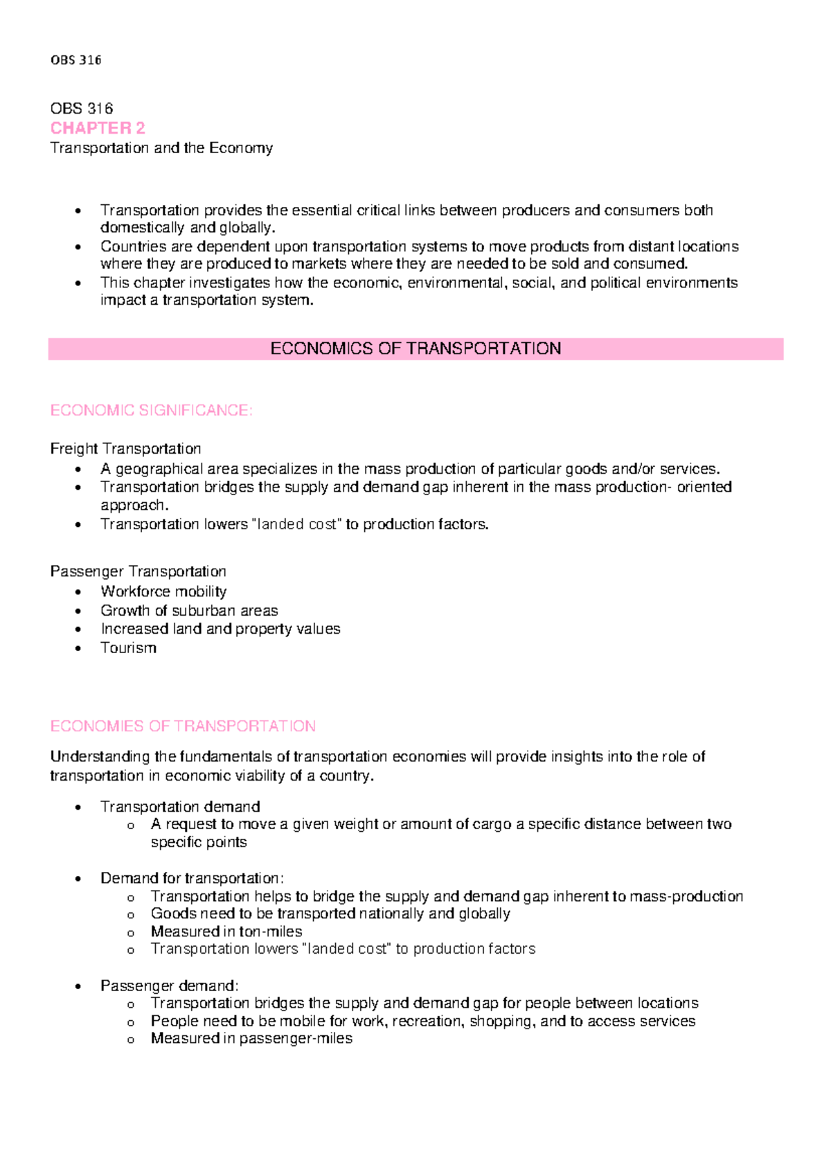 Transportation: Chapter 2 transportation and the economy - OBS 316 ...