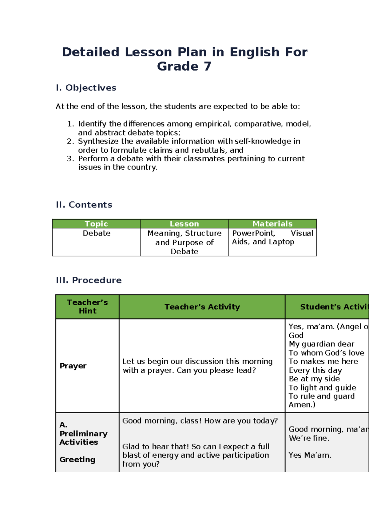 Debate Lesson Plan - 9 GOLD - Detailed Lesson Plan in English For Grade ...