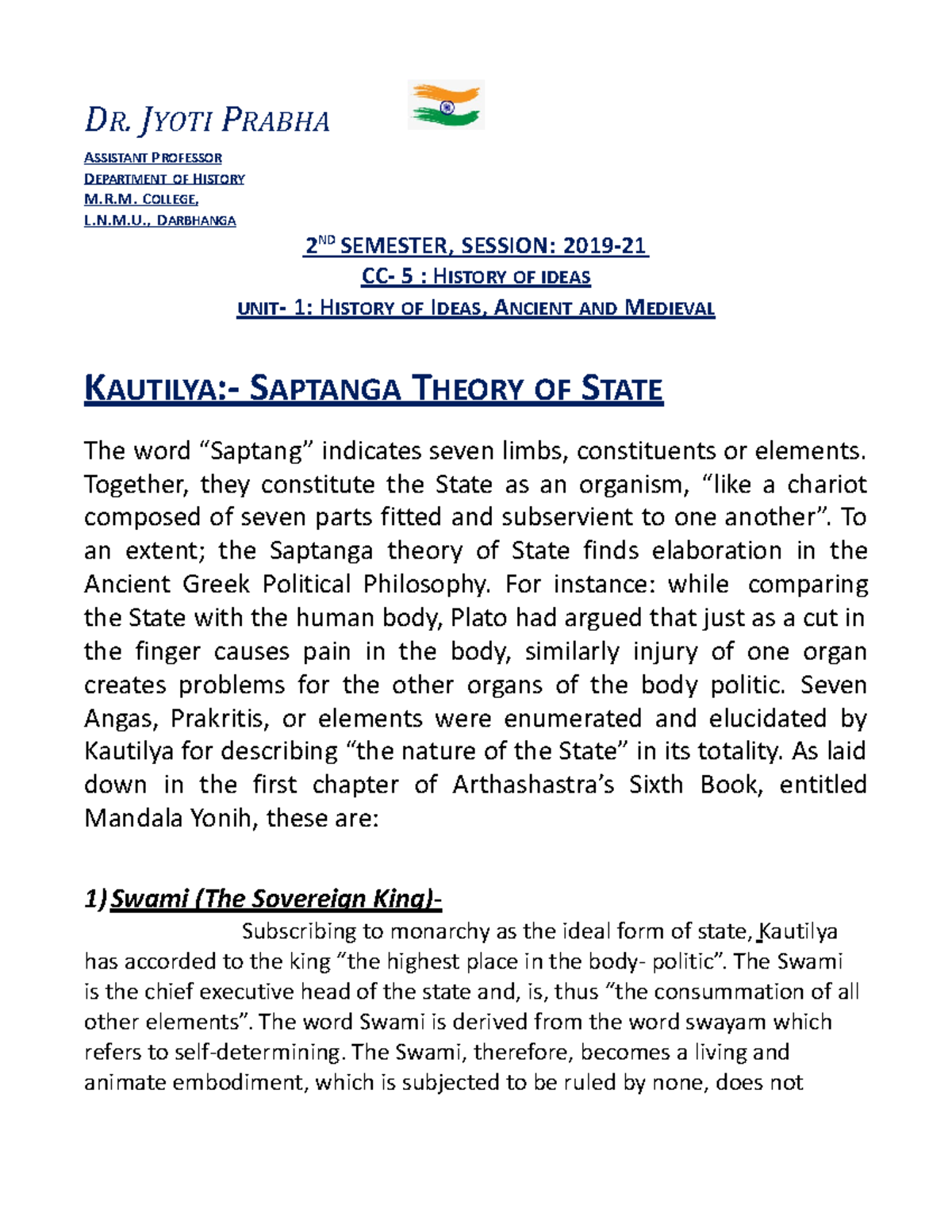 Saptanga theory - dddddddddd - DR. JYOTI PRABHA ASSISTANT PROFESSOR ...