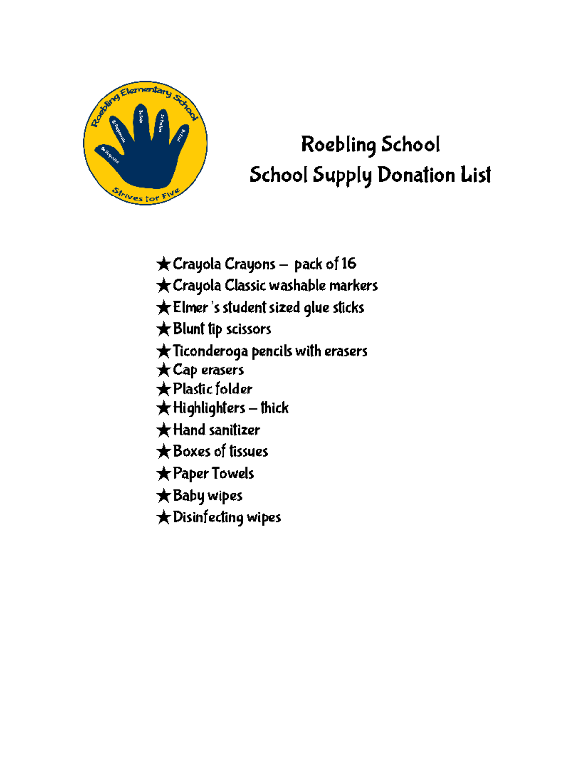 Class Supply Donation List - FREN 470 - Roebling School School Supply ...