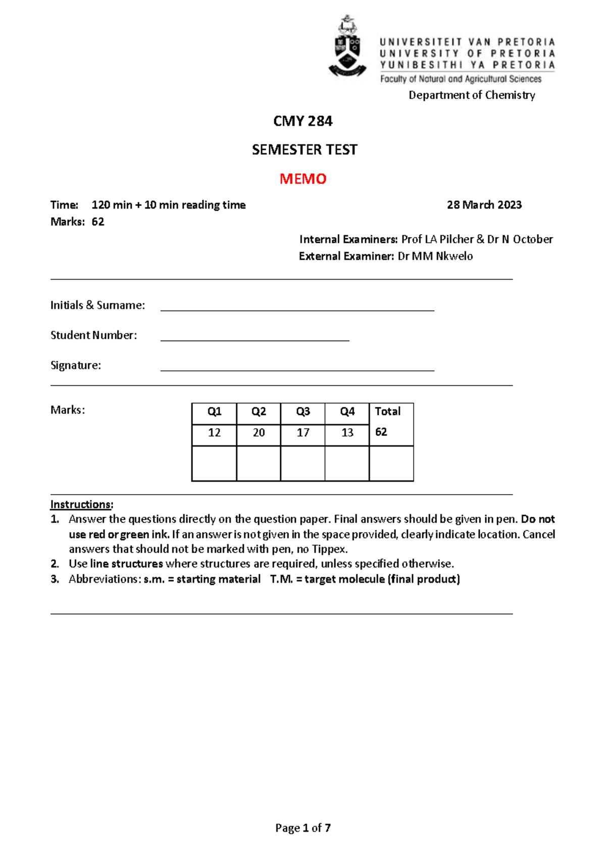 CMY 284 Semester test 2023 MEMO - Department of Chemistry CMY 284 ...