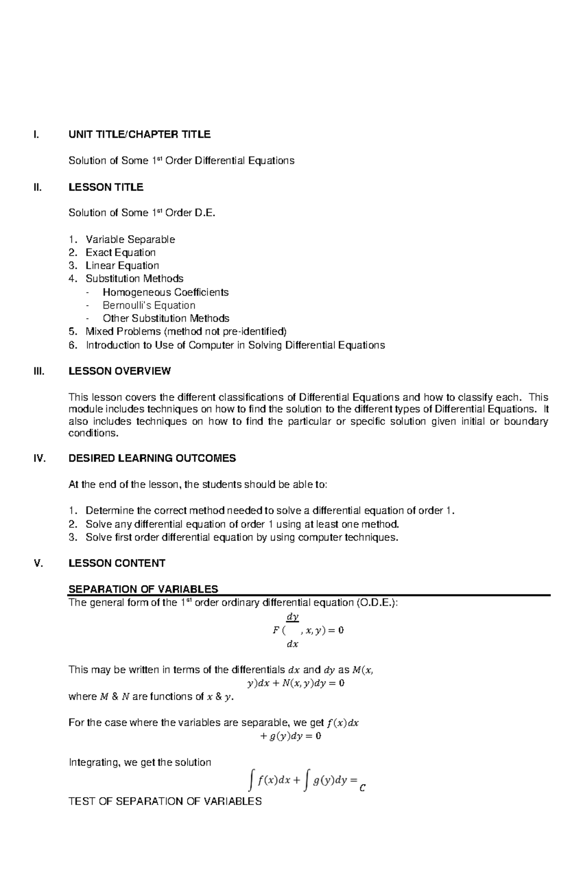 Differential Equations - Lesson 2 - I. UNIT TITLE/CHAPTER TITLE ...