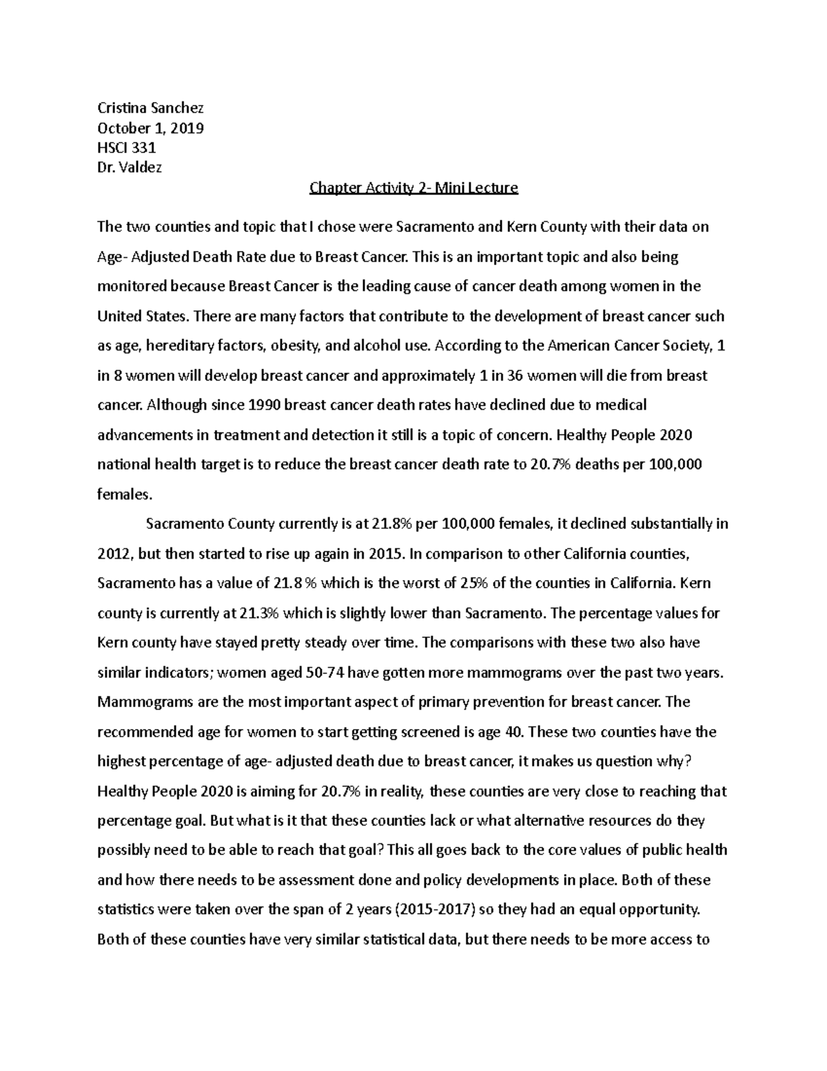 Chapter 2 Assignment - Cristina Sanchez October 1, 2019 HSCI 331 Dr ...
