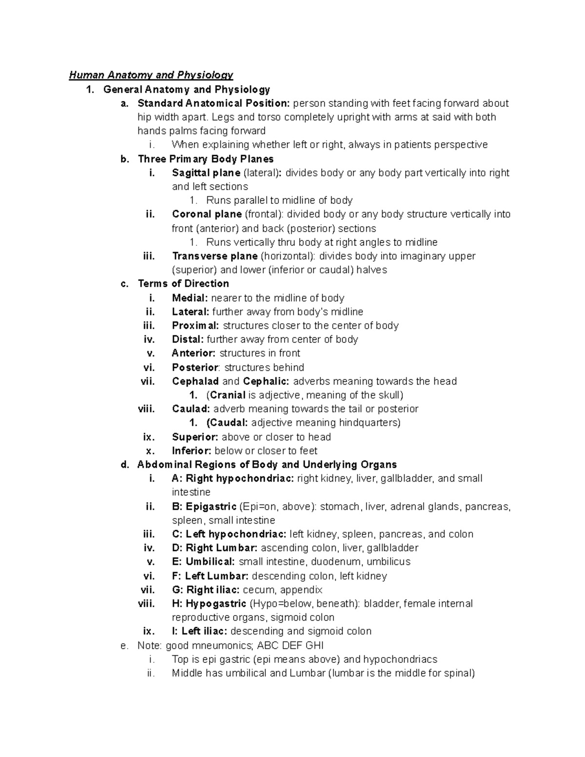 Anatomy & Physiology Notes - Human Anatomy and Physiology 1. General ...