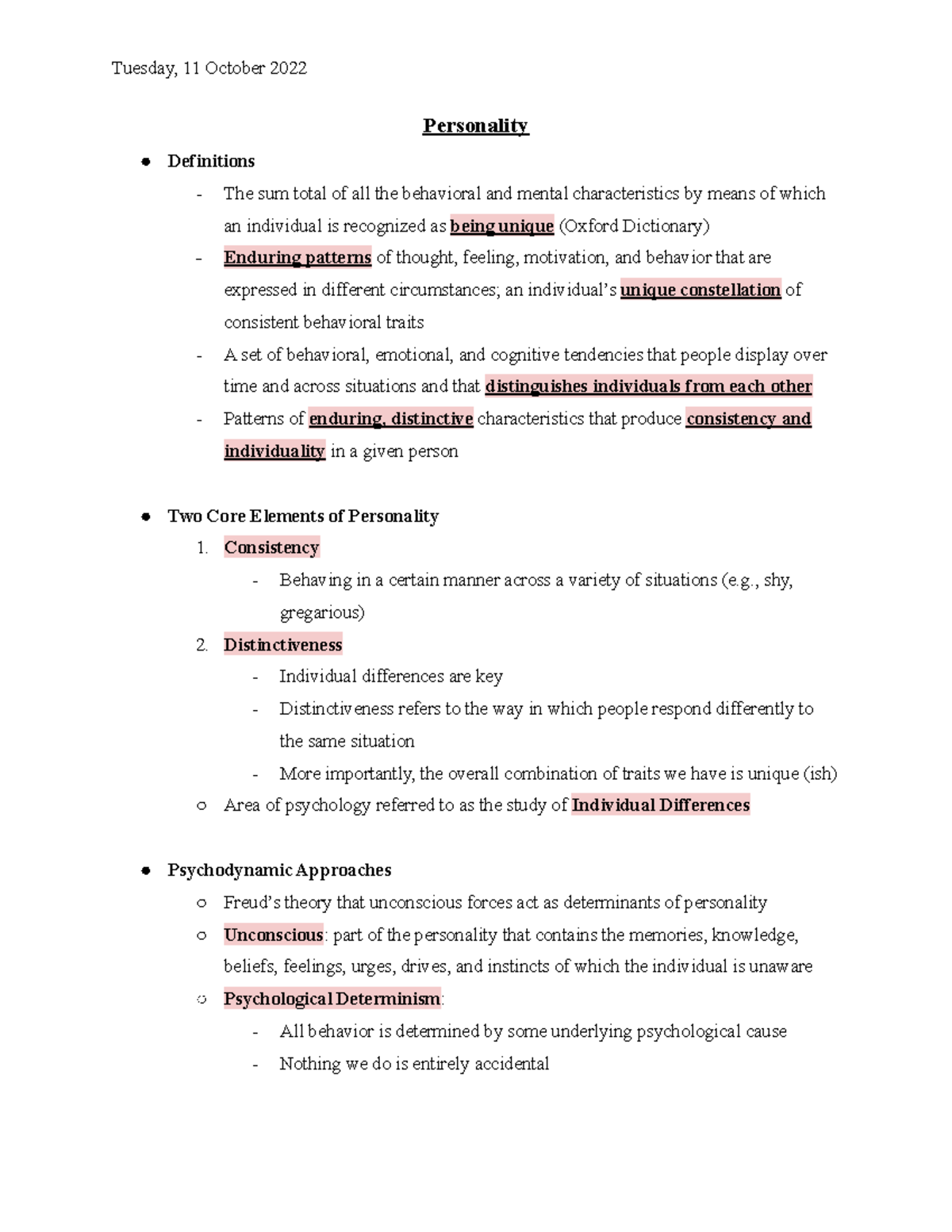 Personality - Prof. Brand notes - Tuesday, 11 October 2022 Personality ...