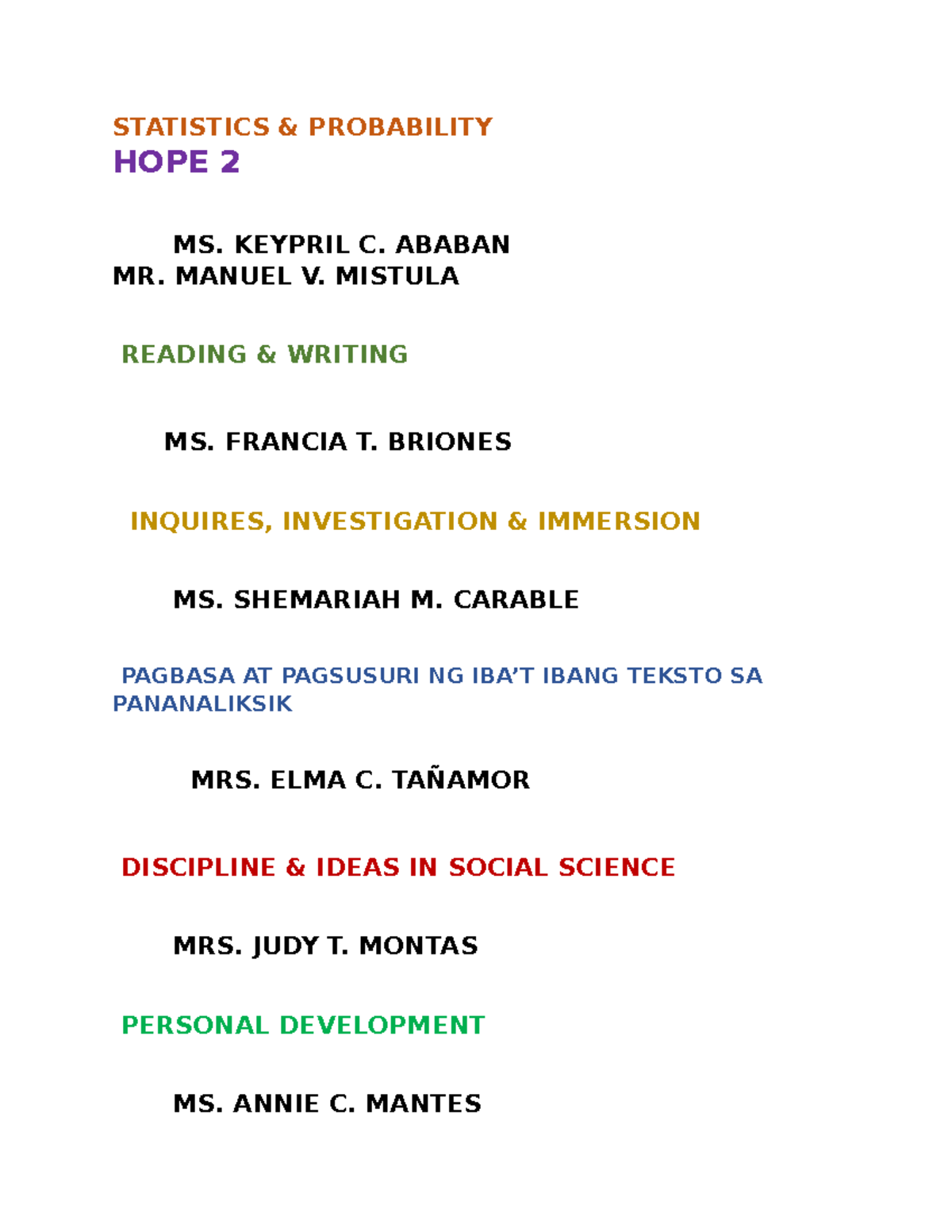 2nd sem sub - Subject course outline - STATISTICS & PROBABILITY HOPE 2 ...