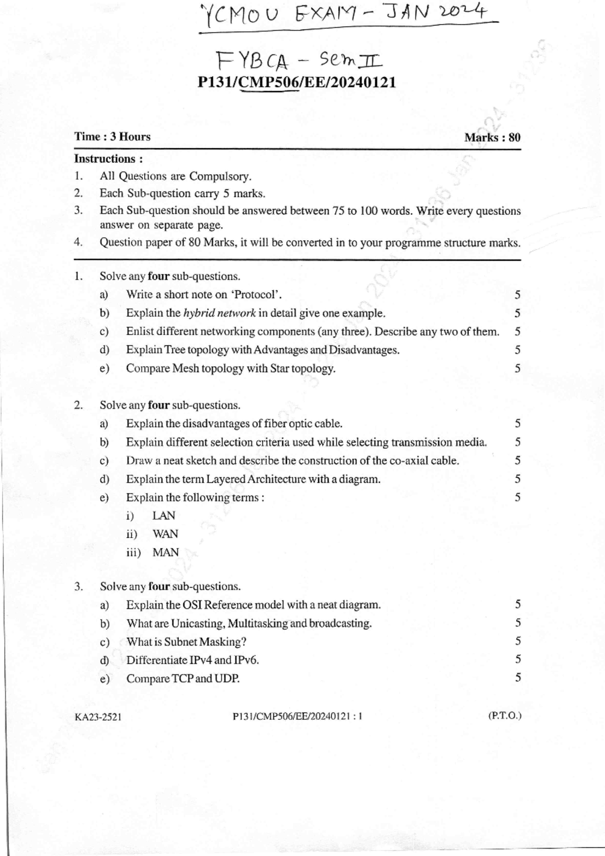 Computer Networks 2024 - feElc)u FxAl7 - IIb/ bout F-YBCA – s'"a P131/CMP506/EE/ Time : 3 Hours ...