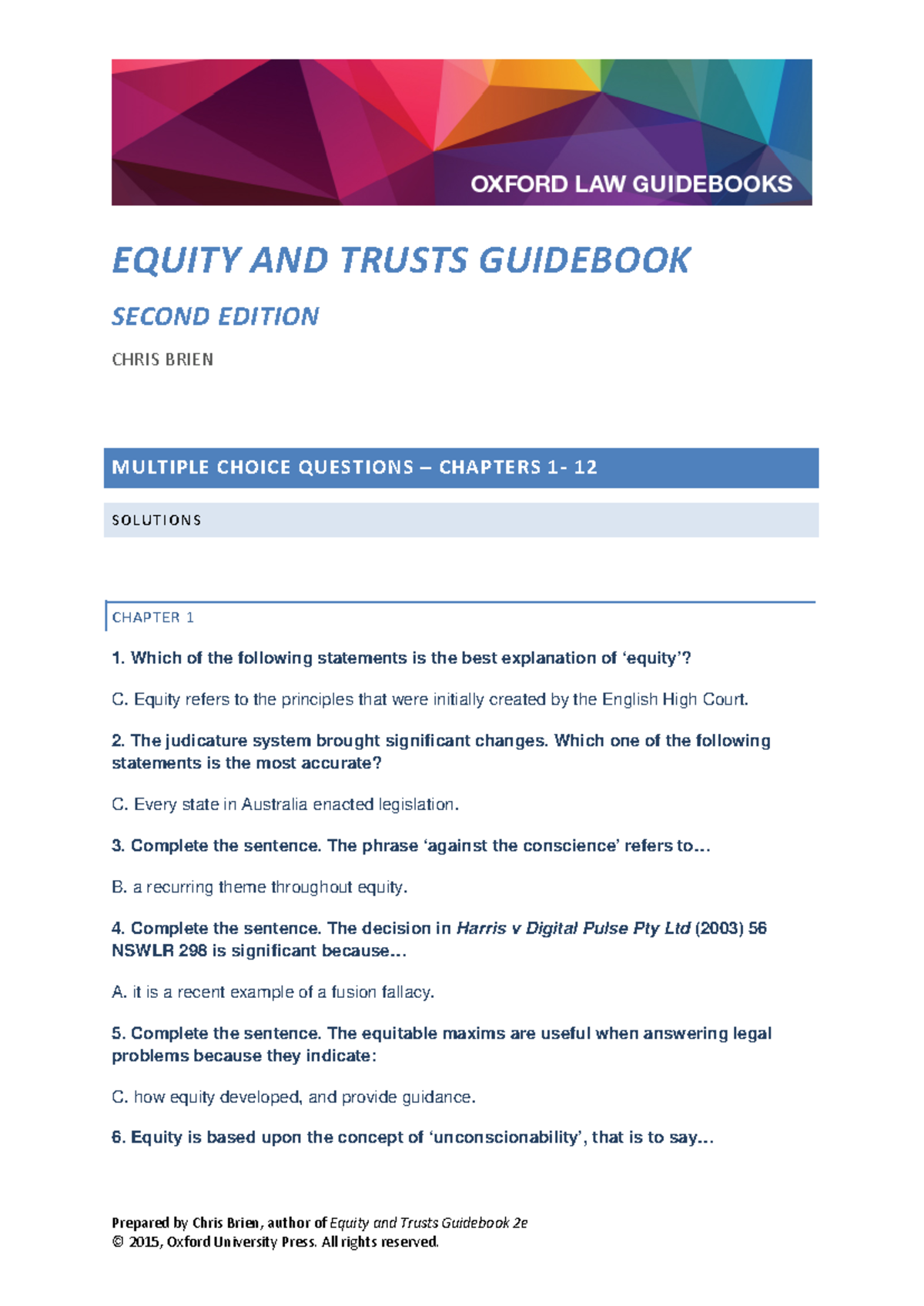 Quiz mcq solutions - EQUITY AND TRUSTS GUIDEBOOK SECOND EDITION CHRIS ...