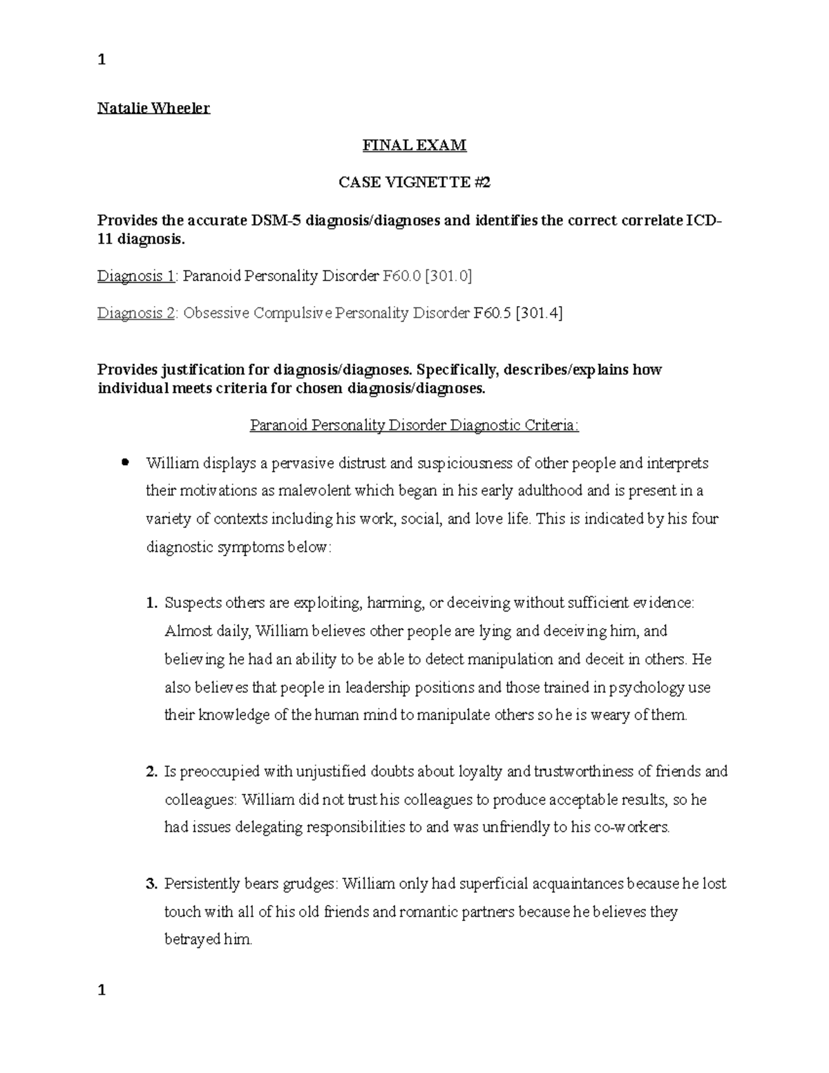 Psychopathology Final Exam - Natalie Wheeler FINAL EXAM CASE VIGNETTE ...