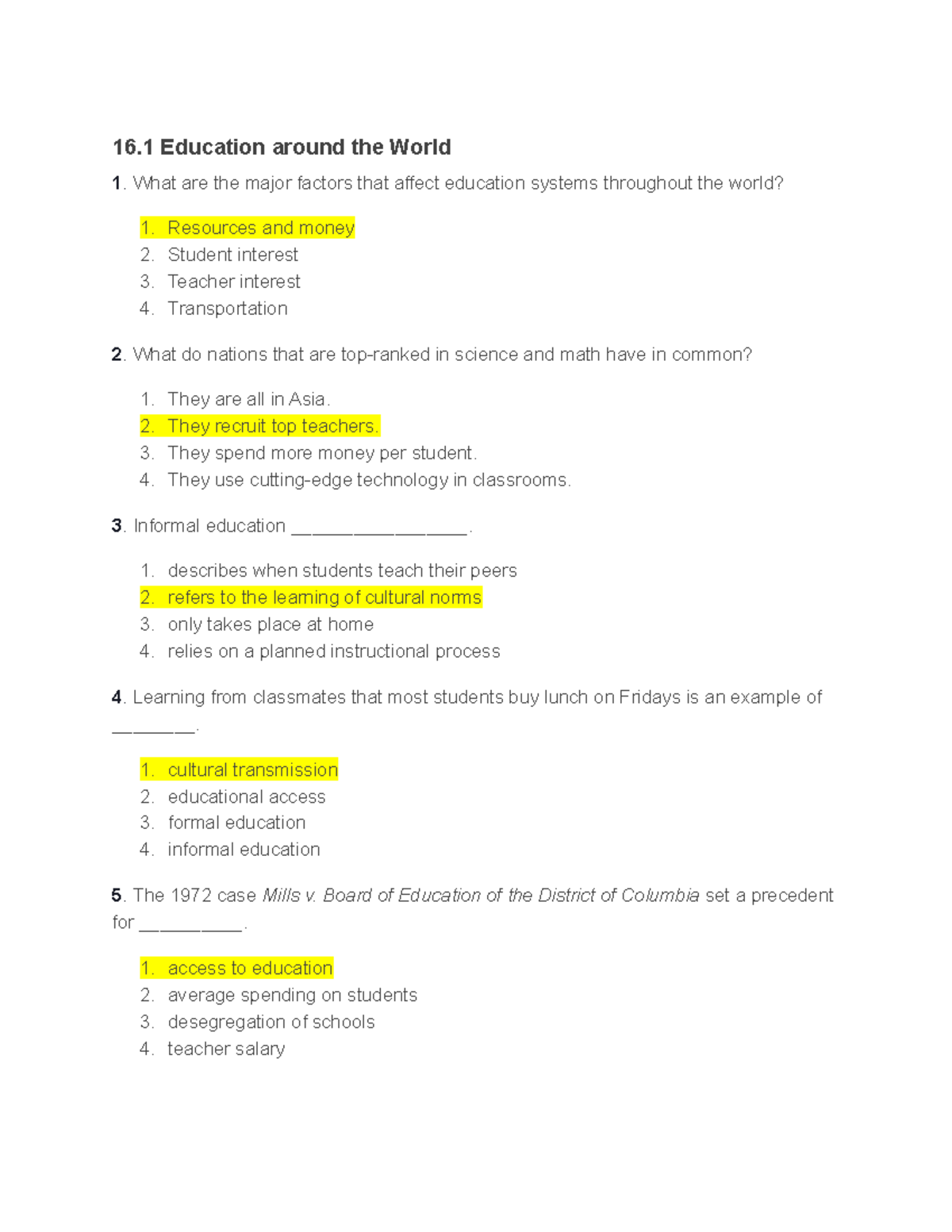 Soc 1 Chapters 16 Study Guide (With Answers) - 16 Education around the ...
