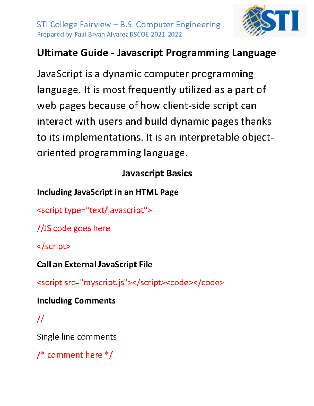 Ultimate Guide Javascript Programming Language Prepared By Paul Bryan Alvarez Bscoe 2021