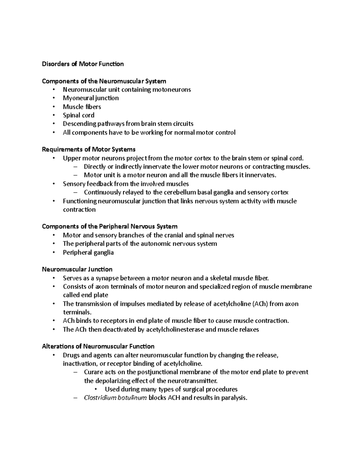 Disorders of Motor Function - Disorders of Motor Function Components of ...