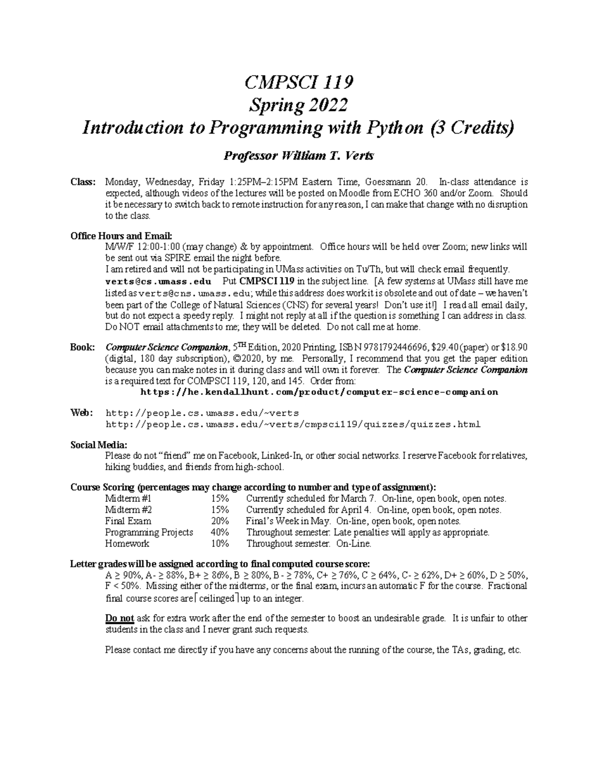 Syllabus 119 spr 2022 - CMPSCI 119 Spring 2022 Introduction to Programming with Python (3 ...
