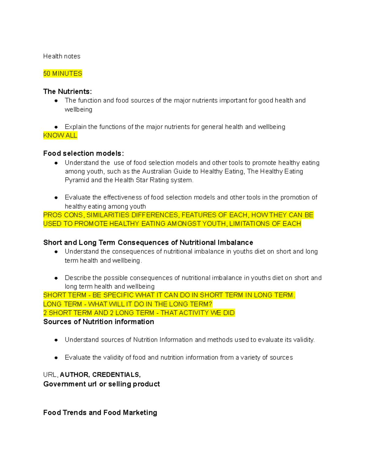 HHD AOS 2 Checklist - Health notes 50 MINUTES The Nutrients: The ...