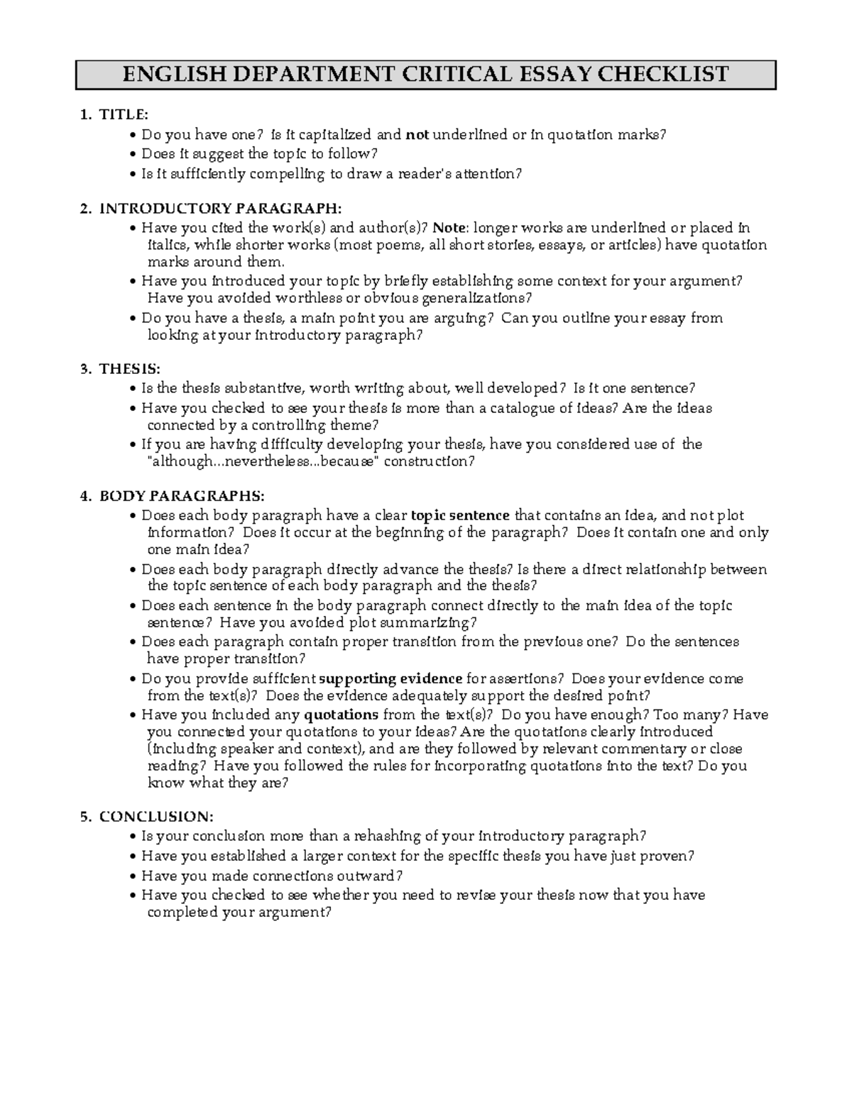 Critical Essay Checklist - ENGLISH DEPARTMENT CRITICAL ESSAY CHECKLIST ...