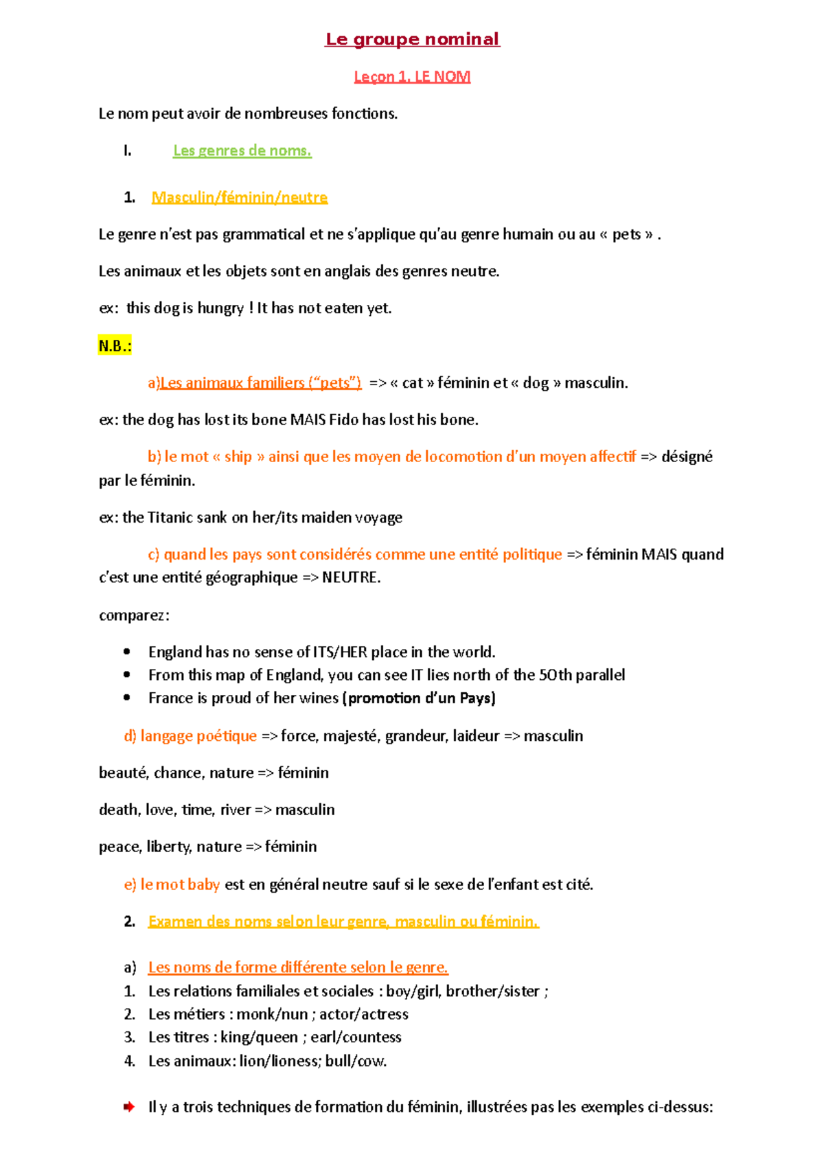 Groupe nominal - English - Le groupe nominal Leçon 1. LE NOM Le nom ...