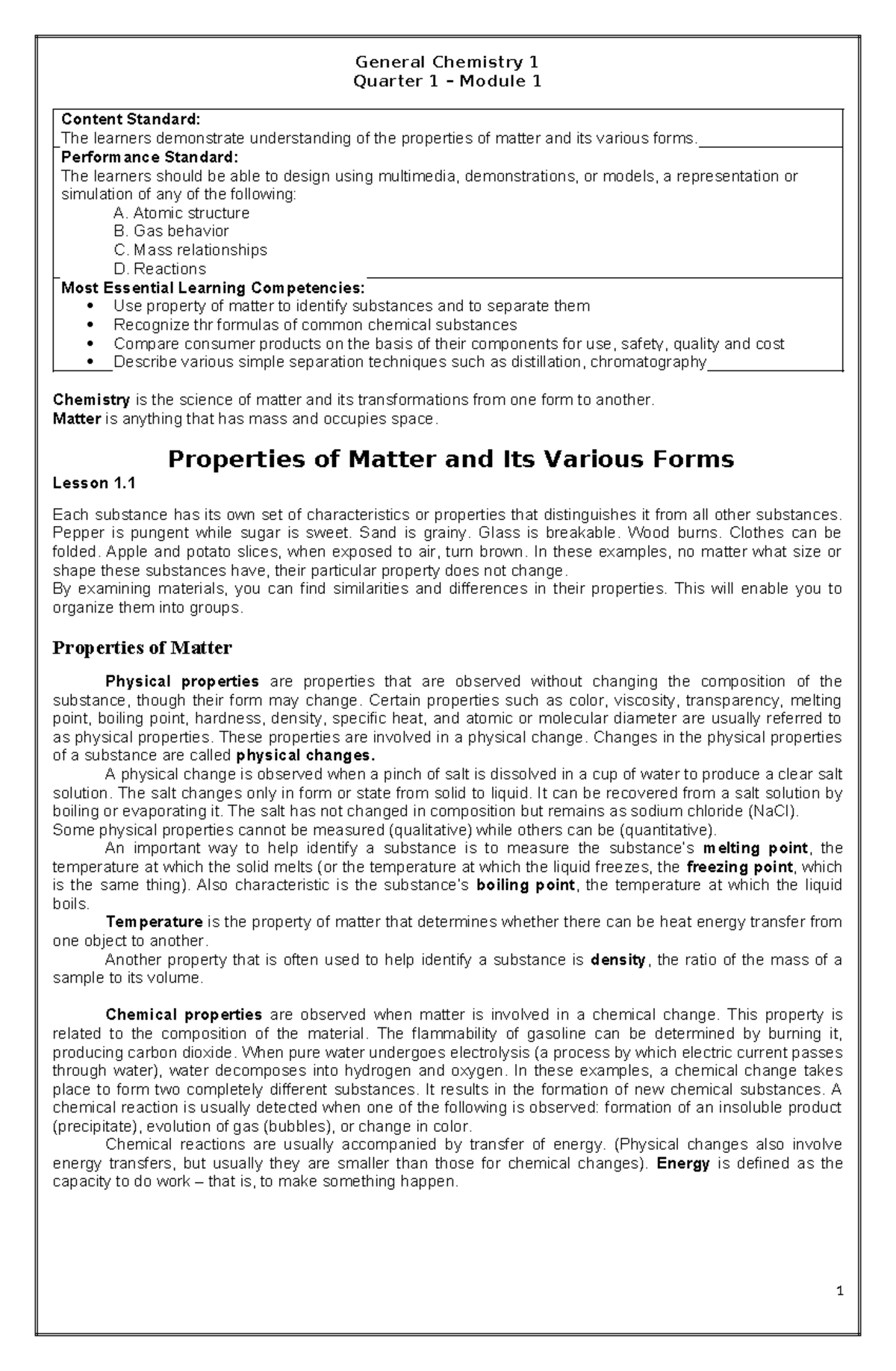 CHEM M1 - General Chemistry 1 Quarter 1 – Module 1 Content Standard ...