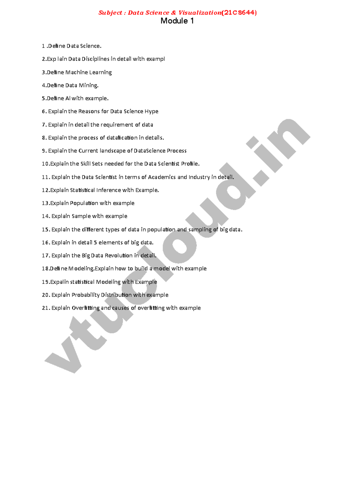 Module 1 question bank dsv - 1 .Define Data Science. 2 lain Data ...