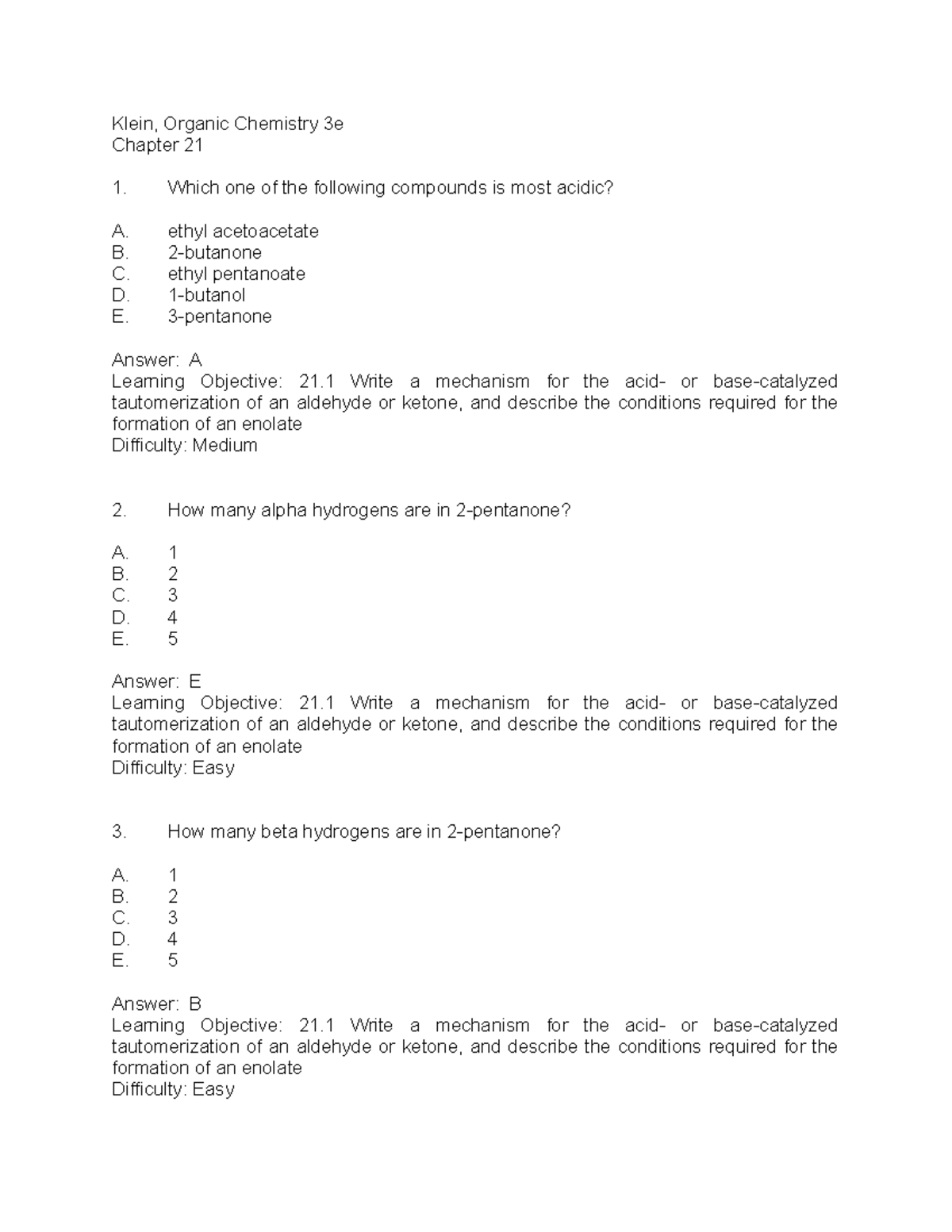 Chapter 21 organic chemistry test bank questions for Klein Orgo 3rd ...