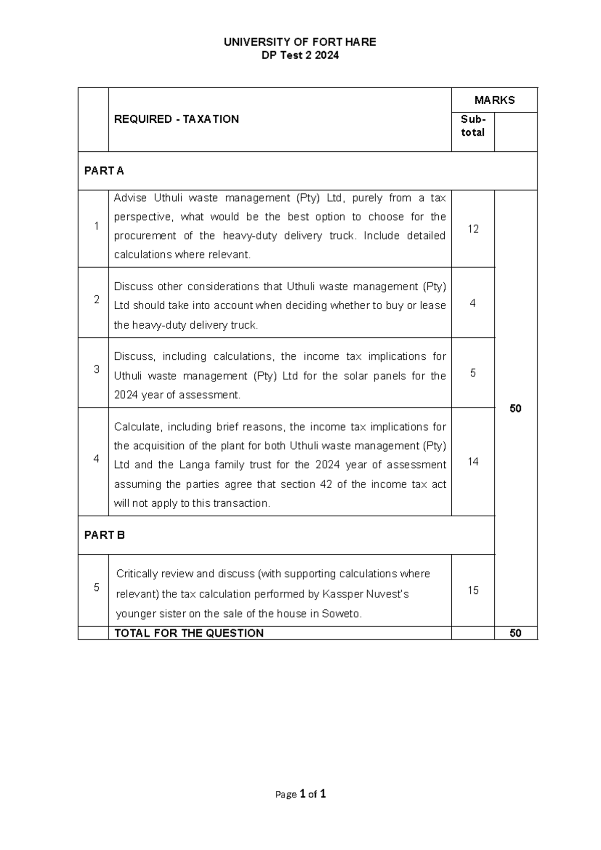 TAX DP Test 2 Required Final - UNIVERSITY OF FORT HARE DP Test 2 2024 ...