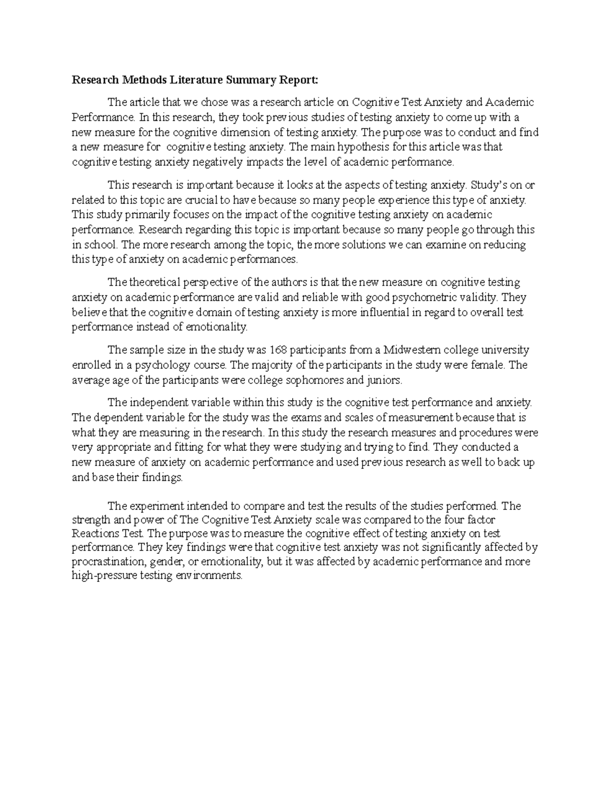 Research Methods Literature Summary Report - In this research, they ...