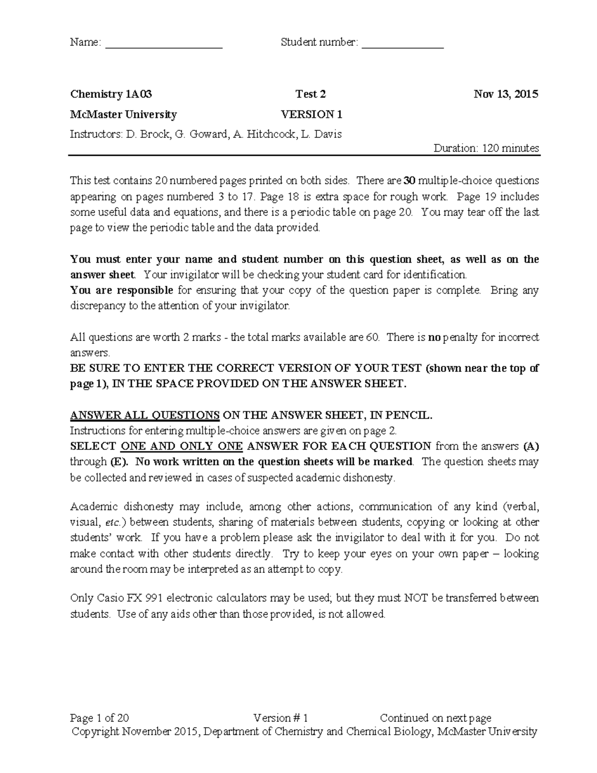 Test 2 Version 1 - solutions - Page 1 of 20 Version # 1 Continued on ...