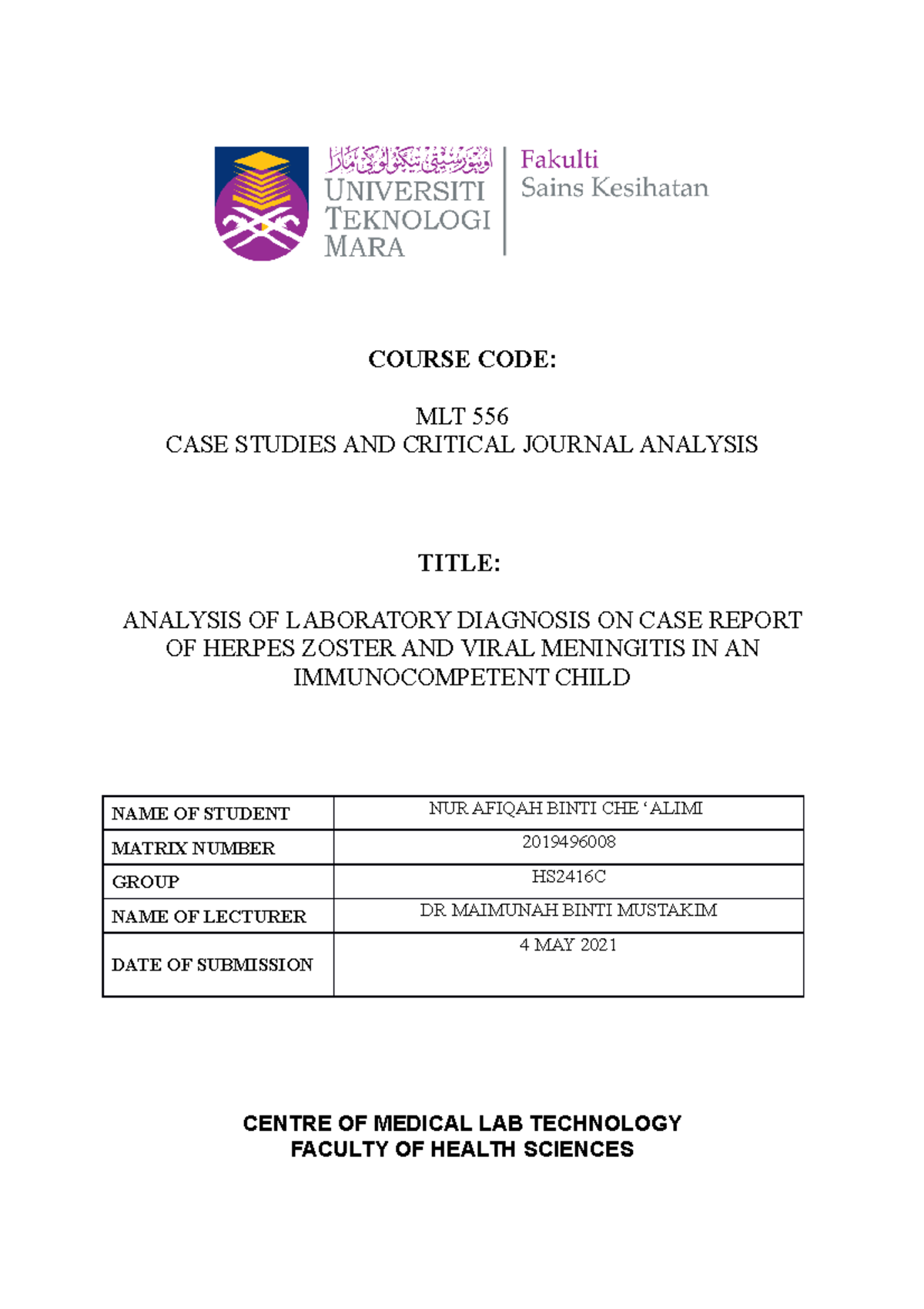 Written assignment (Virology case study) ,NUR Afiqah Binti CHE ' Alimi ...