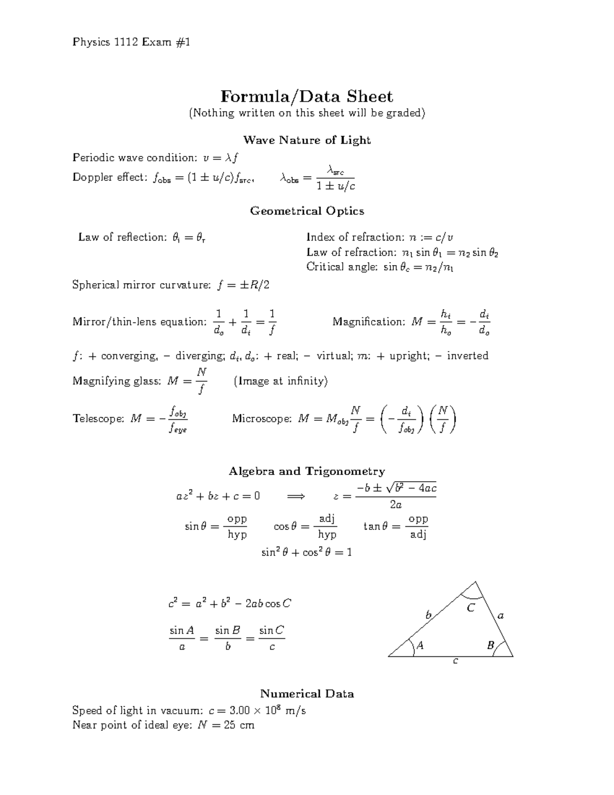 1112 Sp24 fomula sheet 1 - Physics 1112 Exam # Formula/Data Sheet (Nothing written on this sheet ...
