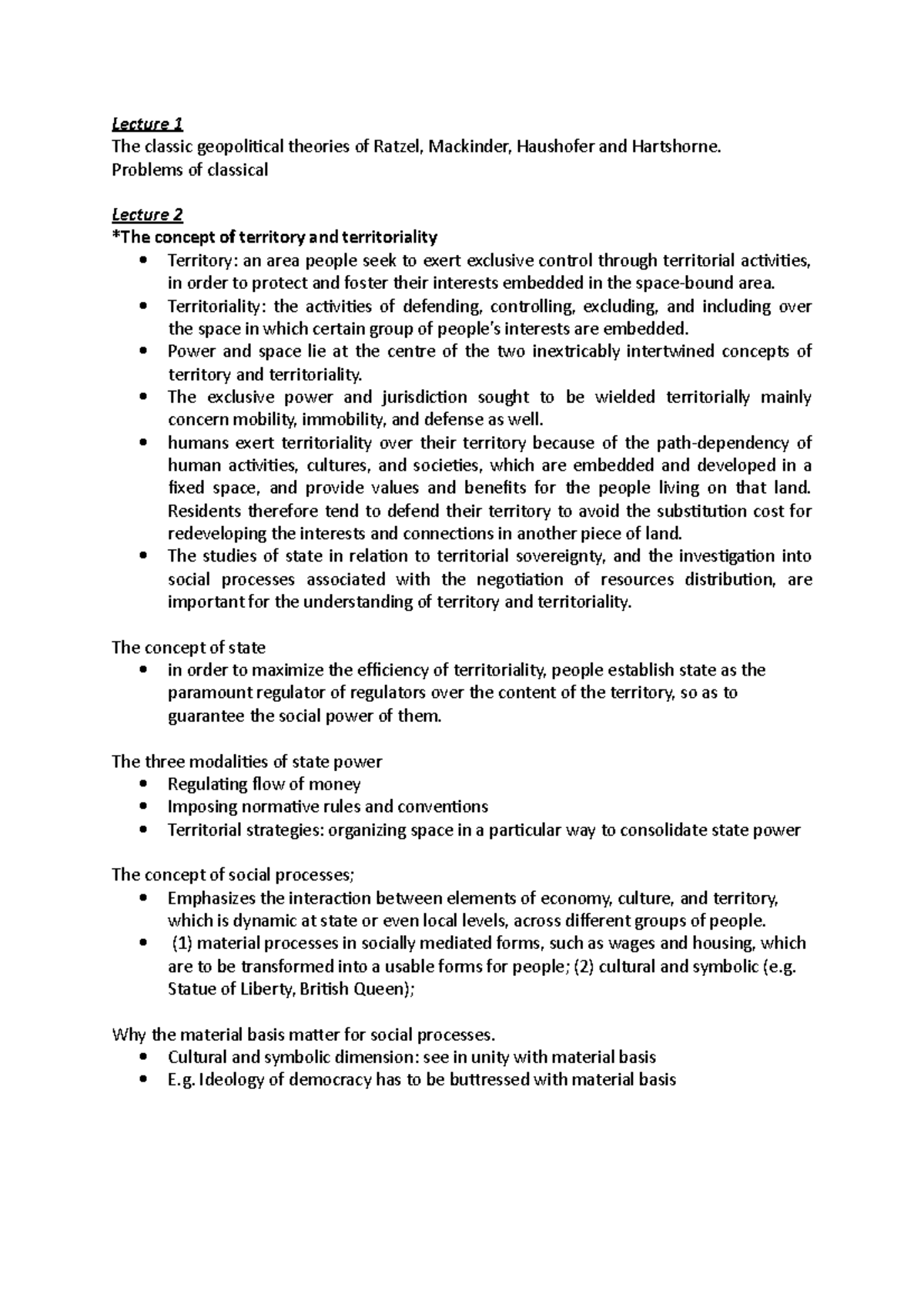 final exam summaries - Lecture 1 The classic geopolitical theories of ...