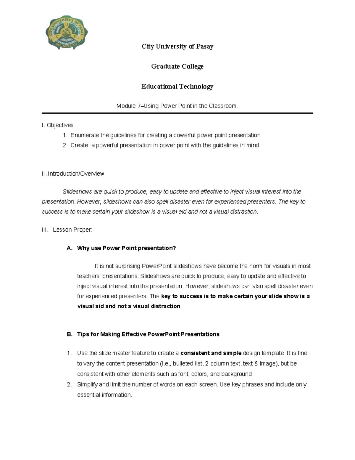 Module 7–Using Power Point in the Classroom - I. Objectives 1 ...
