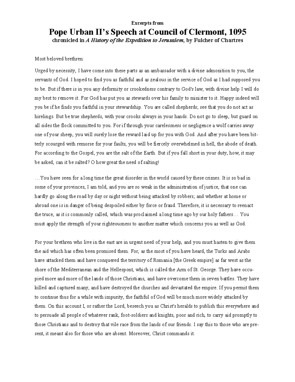 Excerpt from Urban II at Clermont - Excerpt s from Pope Urban II’s ...