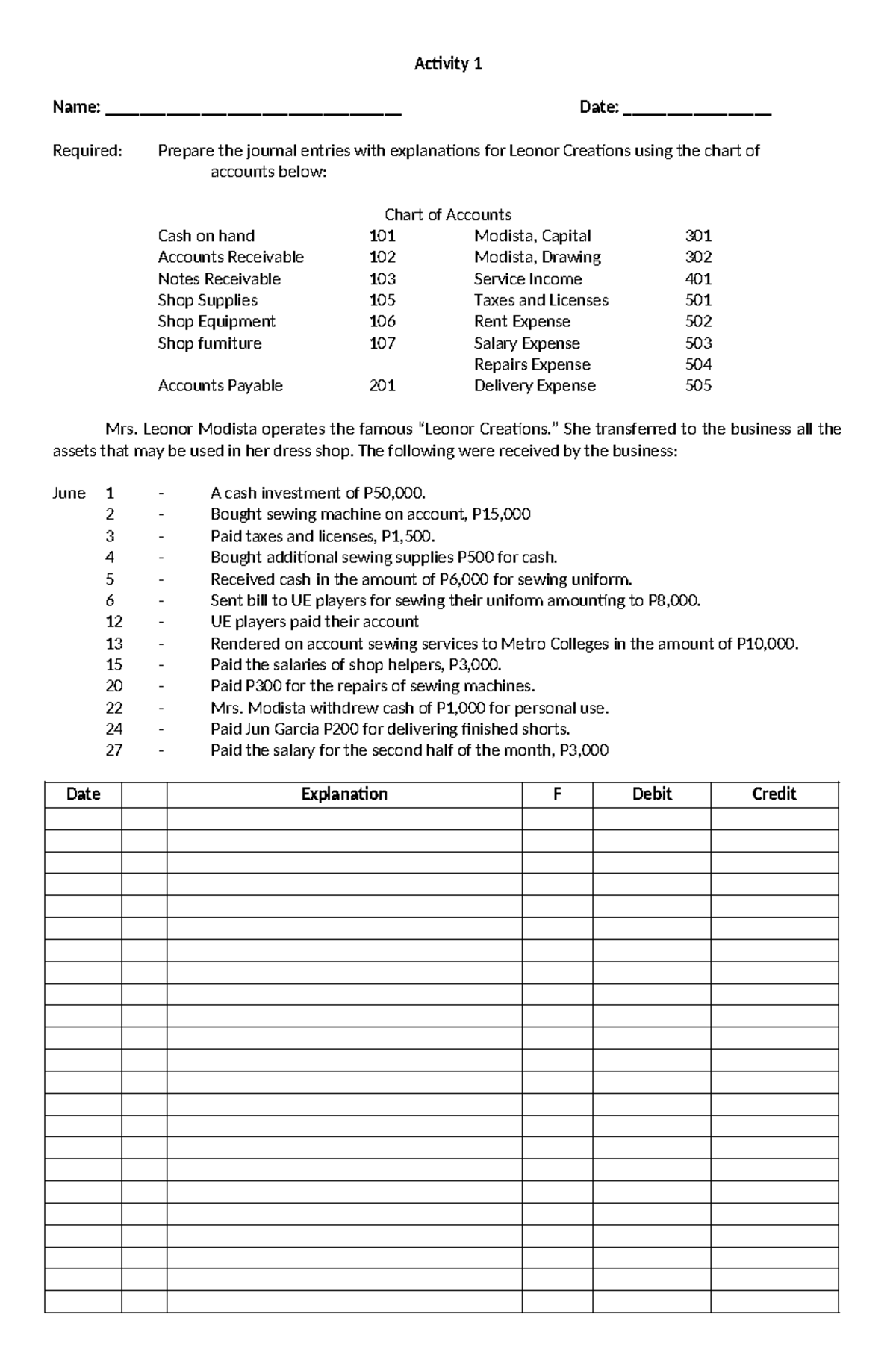 Activity - Journal Entries - Activity 1 Name ...