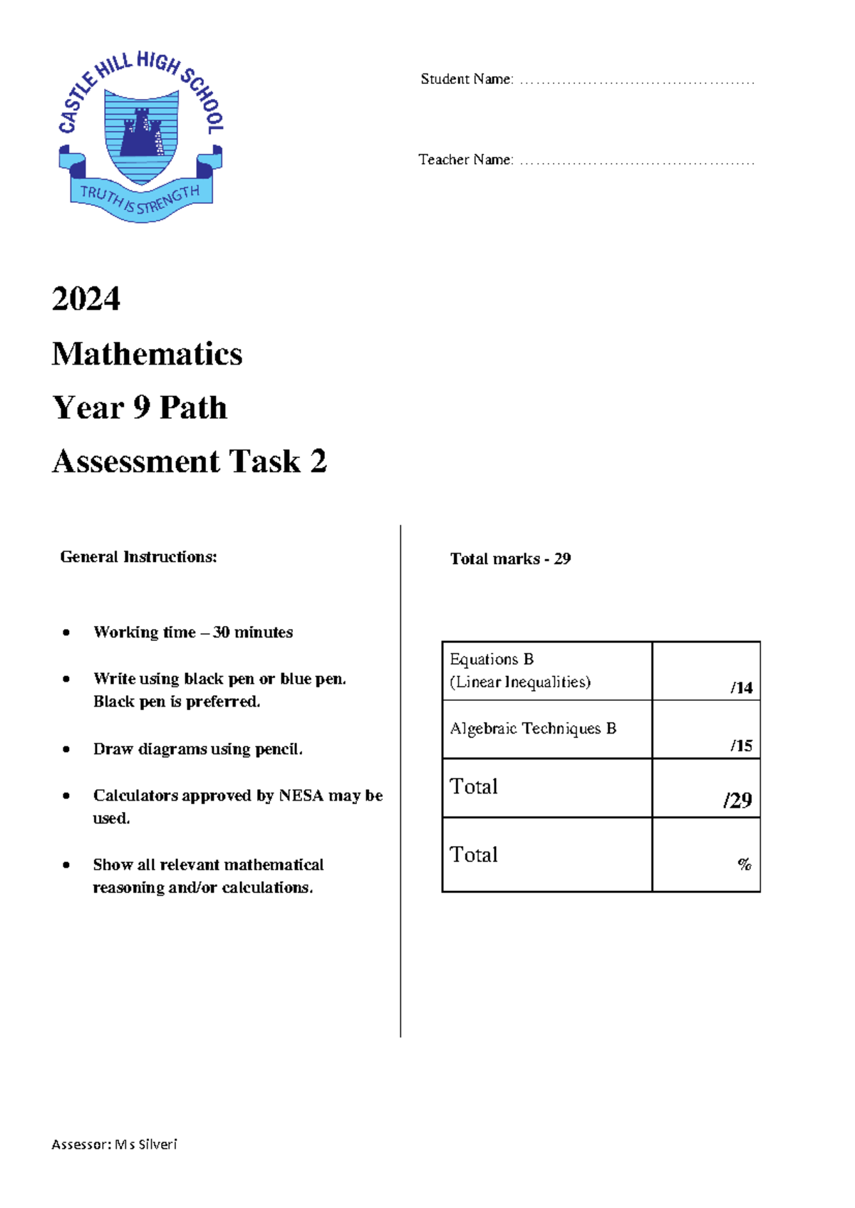 3B. Year 9 Path T2 2024 examination - Student Name ...