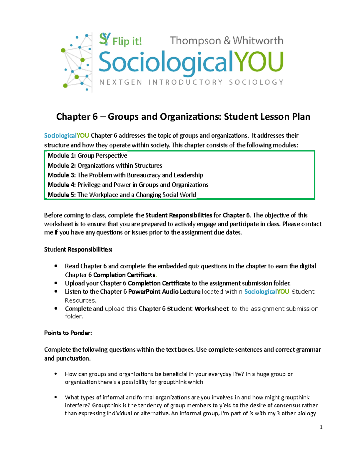 Chapter 6 Student Worksheet - Chapter 6 – Groups and Organizations ...
