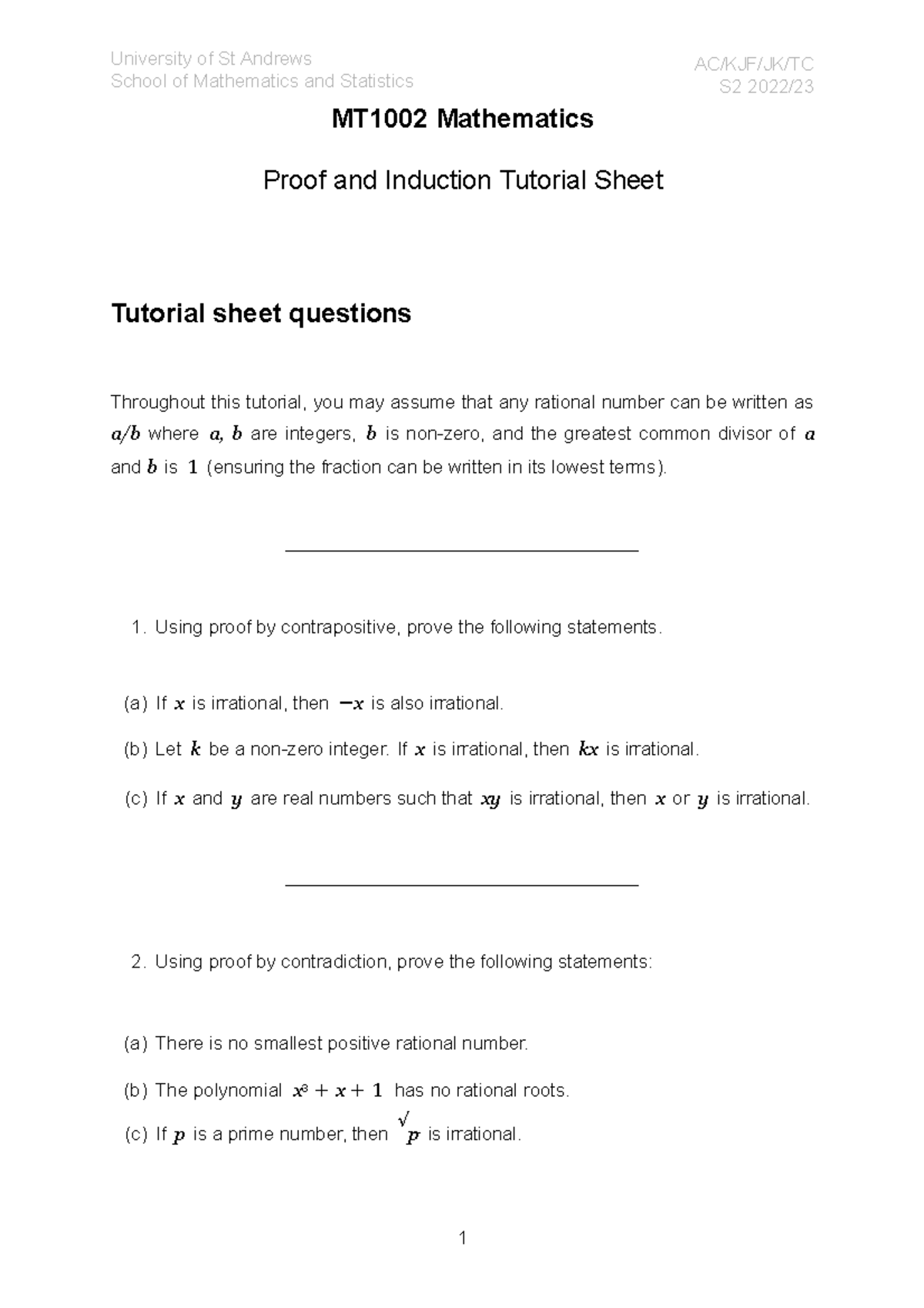 MT1002 Proof And Induction Tutorial Sheet Clear - 1 University of St ...