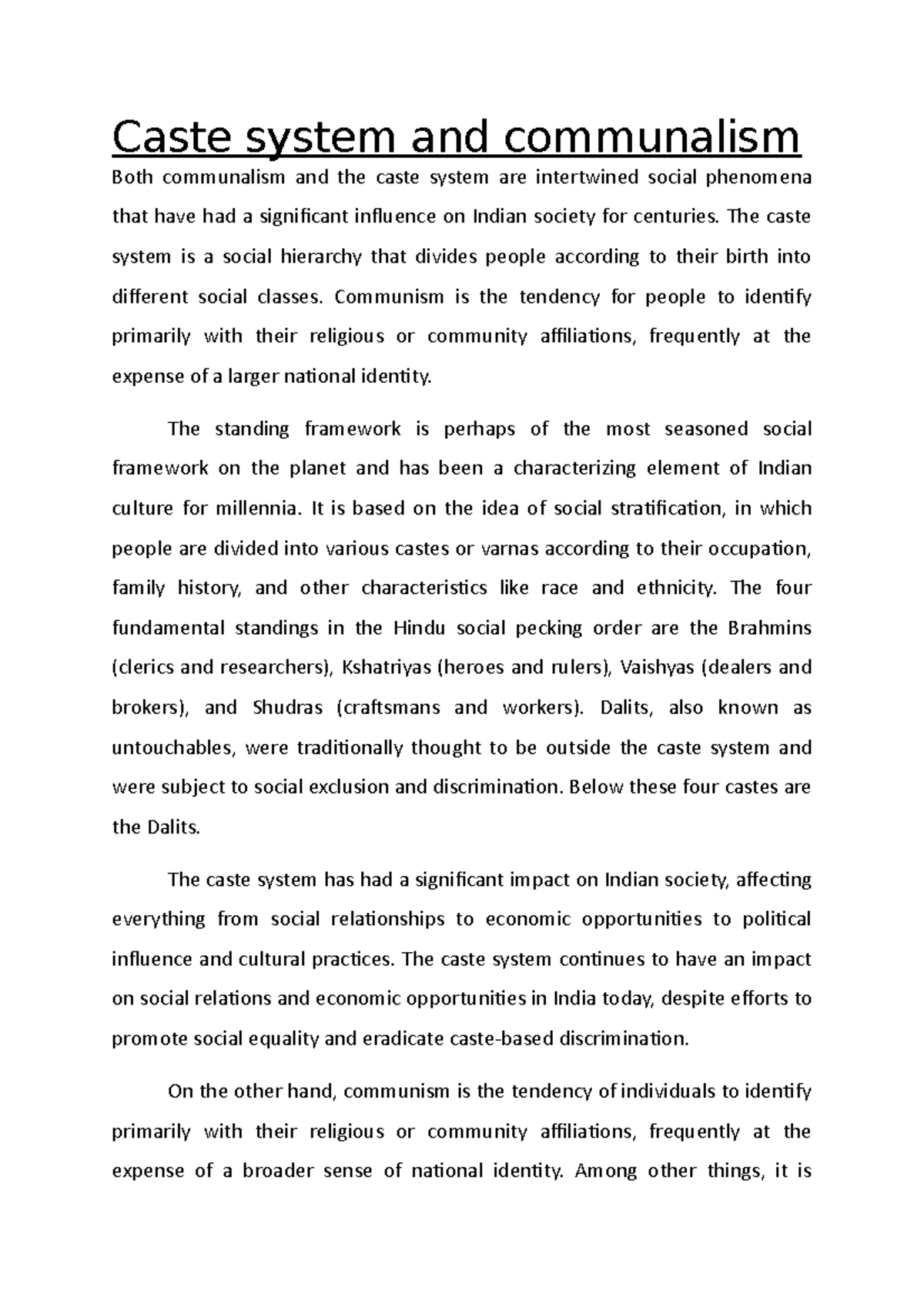 Caste system and communalism - The caste system is a social hierarchy ...