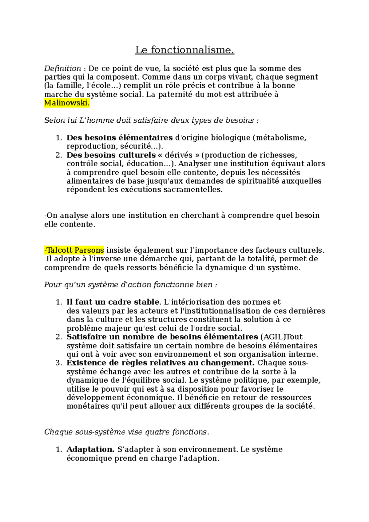 Le fonctionnalisme - Notes de cours 12 - Le fonctionnalisme. Definition ...
