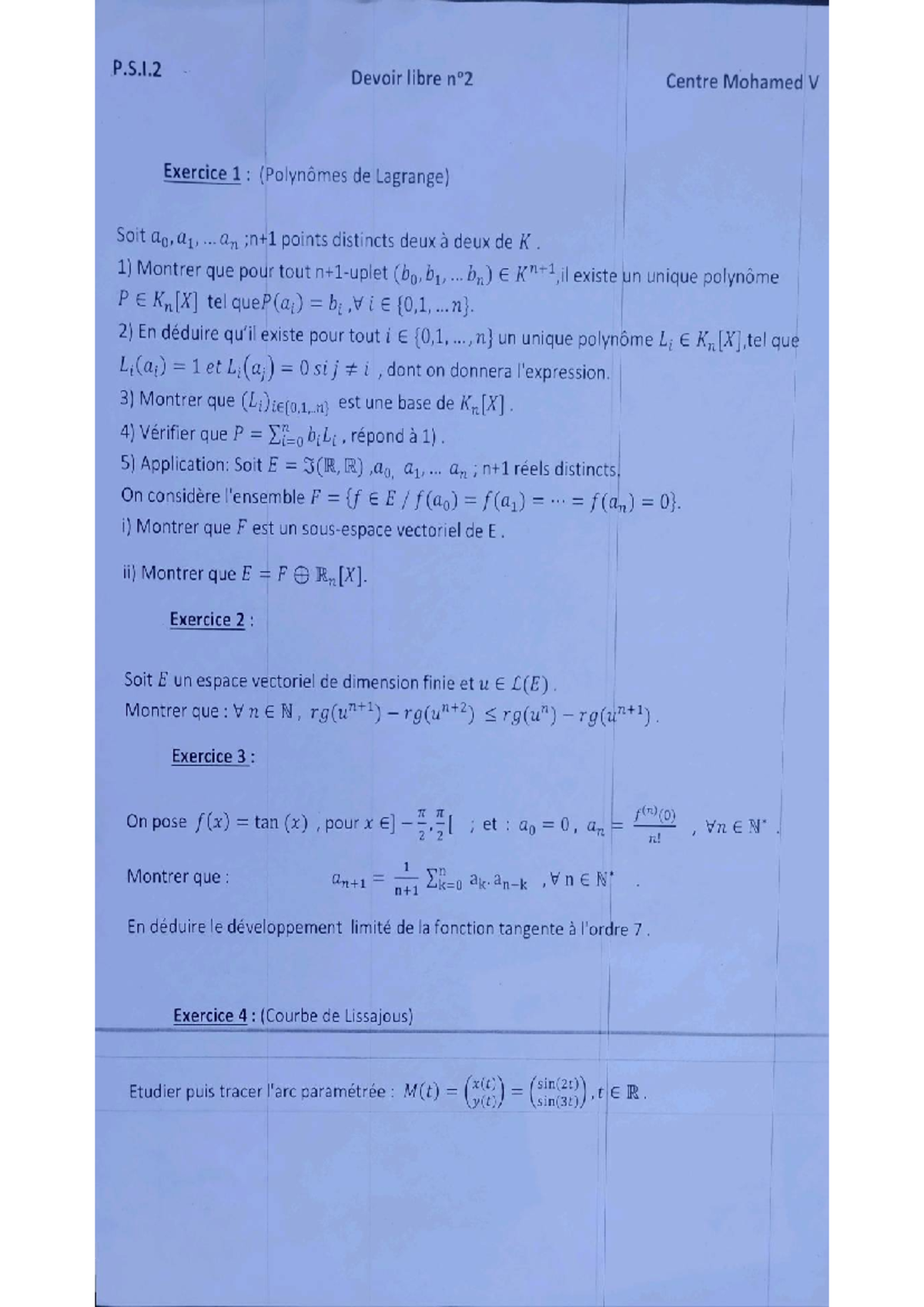 DL math , complement d'algbr , fct vectorielle - P.S.1 Devoir libre ...