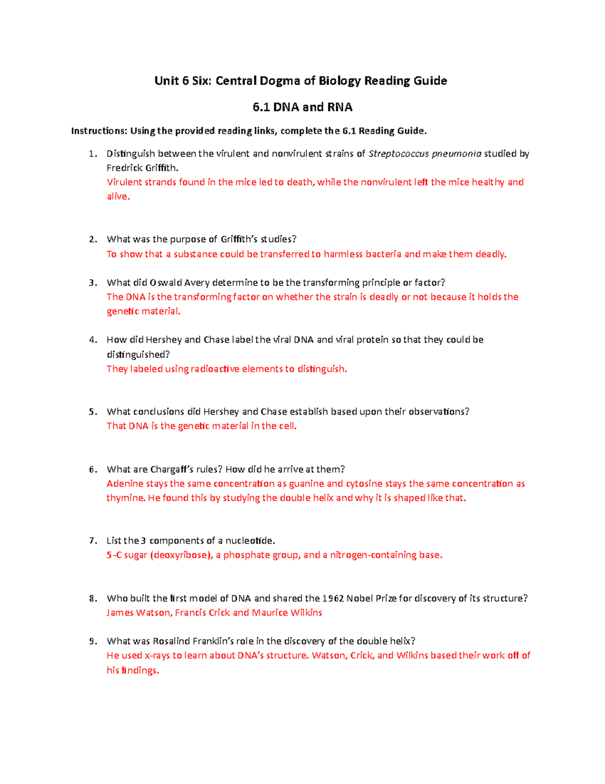 Dna and rna reading guide 10-19 - Unit 6 Six: Central Dogma of Biology ...