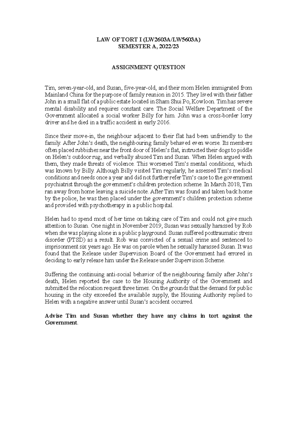 Assignment Question and Instructions - LAW OF TORT I (LW2603A/LW5603A ...