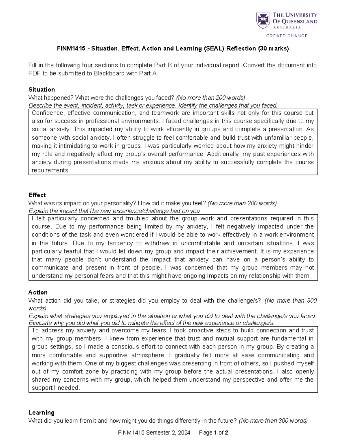 FINM1415 SEAL Reflection Template S2 2024 Resmed - FINM1415 - Situation ...