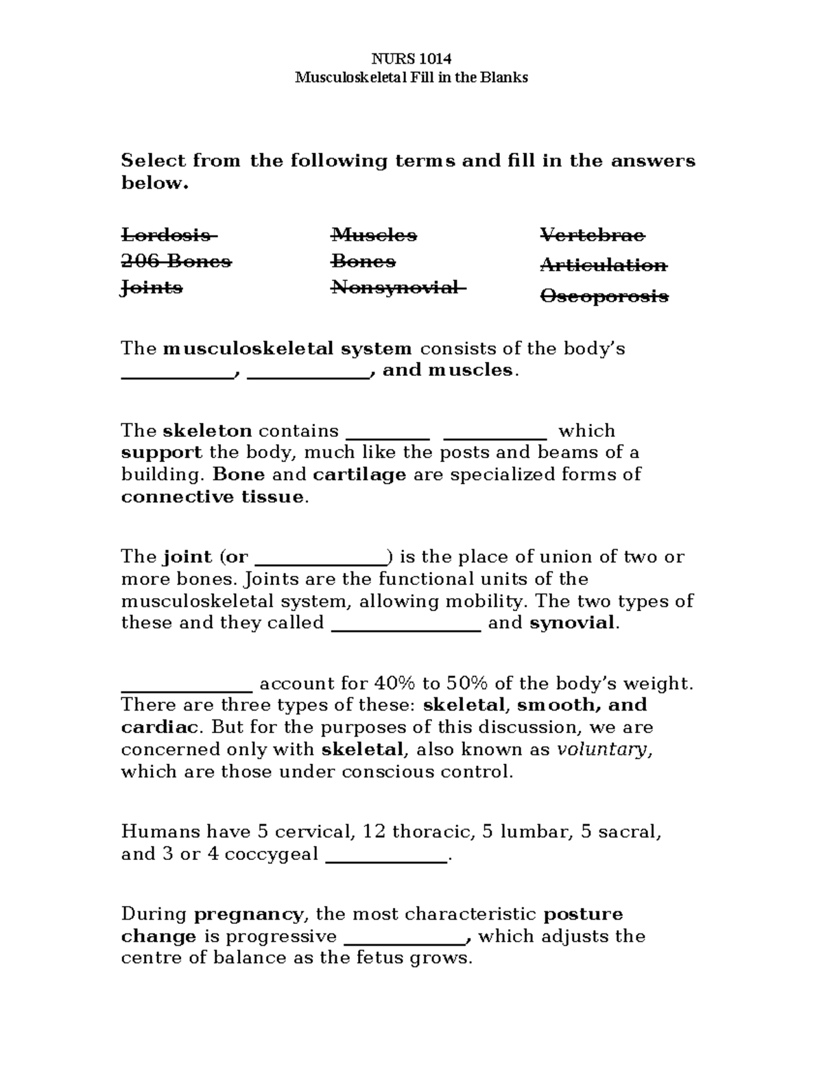 Musculoskeletal Activity Sheet - NURS 1014 Musculoskeletal Fill in the ...