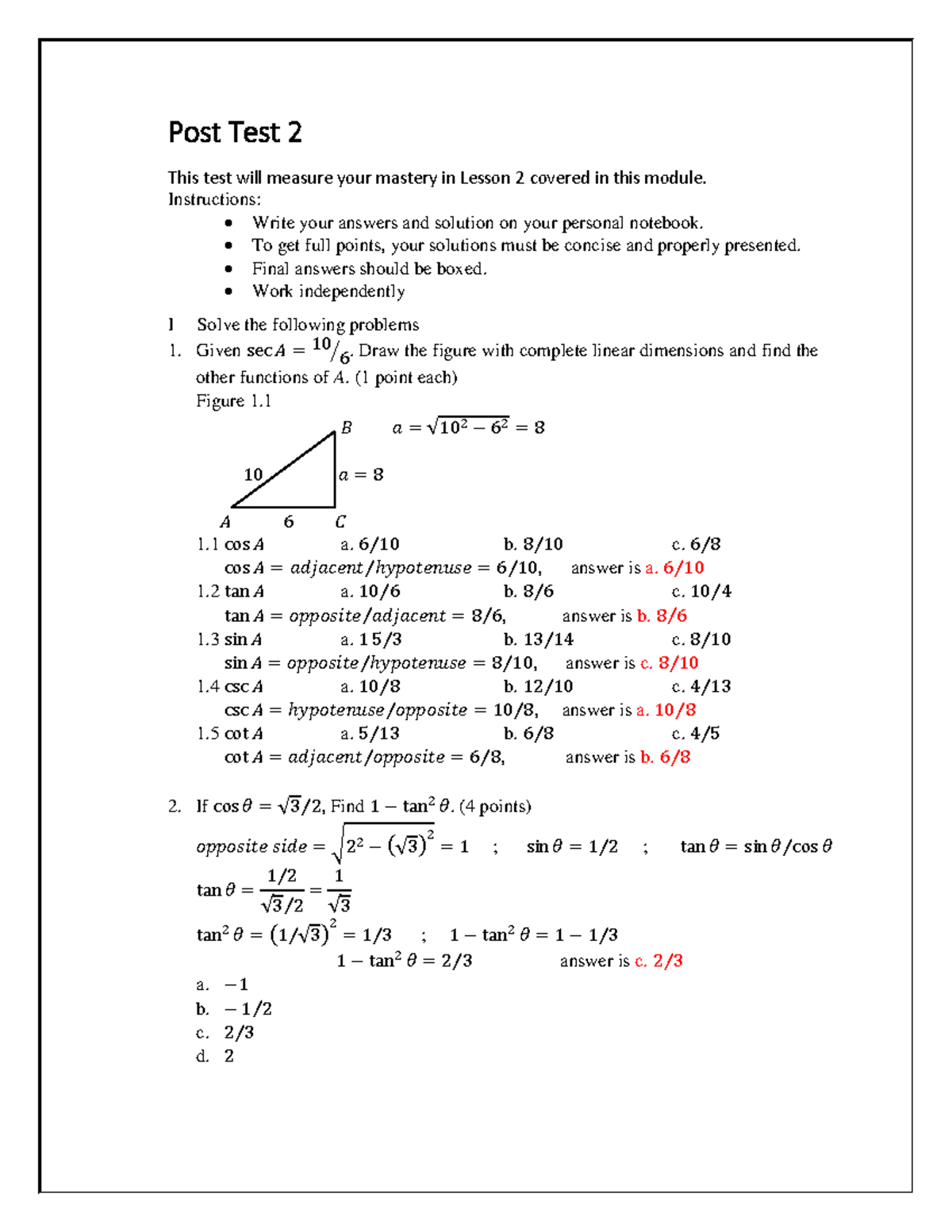 CAL 1 Trigonometry POST TEST Solutions - BS Mechanical Engineering ...