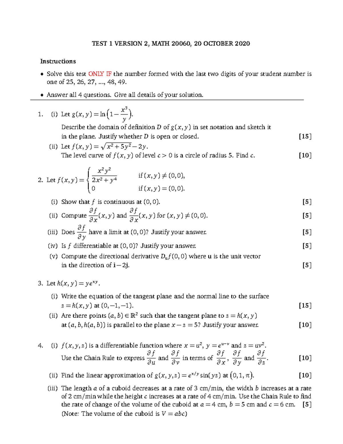 Example Midterm Test - TEST 1 VERSION 1, MATH 20060, 20 OCTOBER 2020 ...