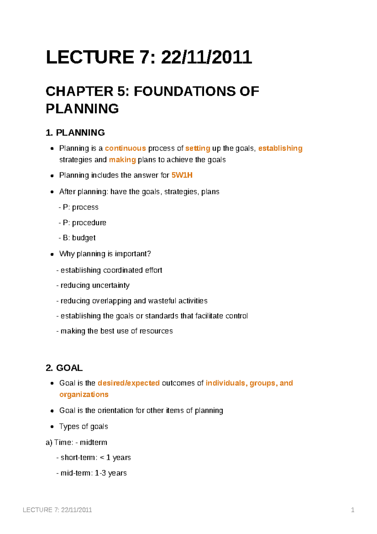 Lecture 7 22112011 - CHAPTER 5: FOUNDATIONS OF PLANNING - LECTURE 7: 22 ...