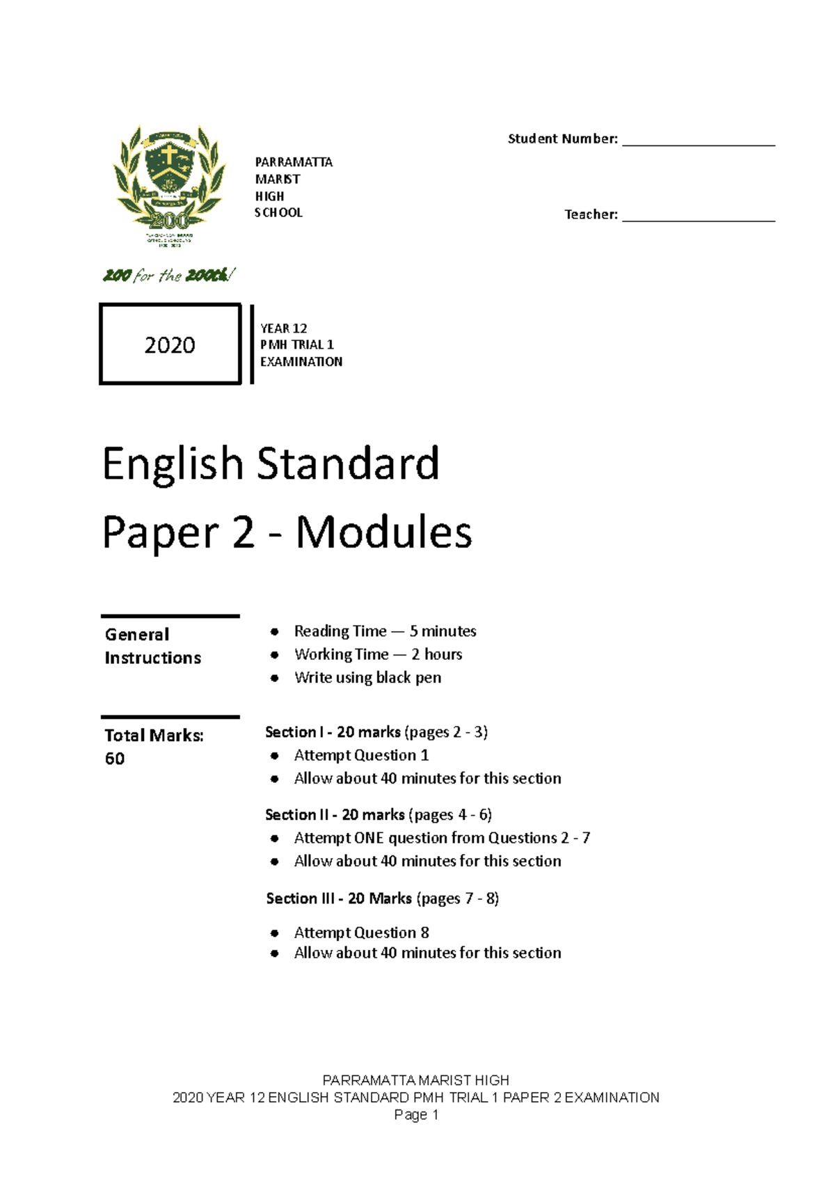 2020 PMH Trial - Standard Paper 2 - PARRAMATTA MARIST HIGH SCHOOL ...