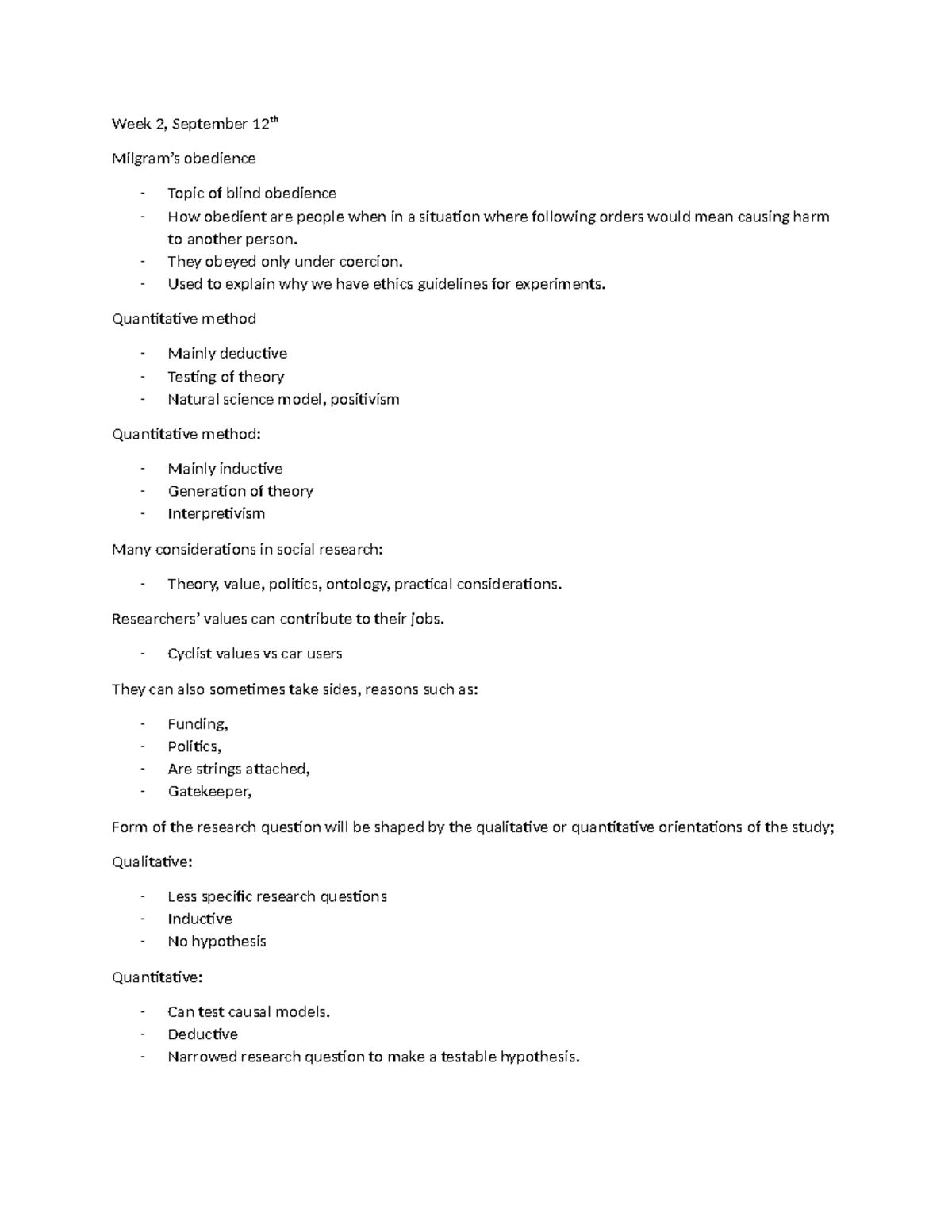Week 2, Class 2 - Week 2, September 12th Milgram’s obedience - Topic of blind obedience - How ...