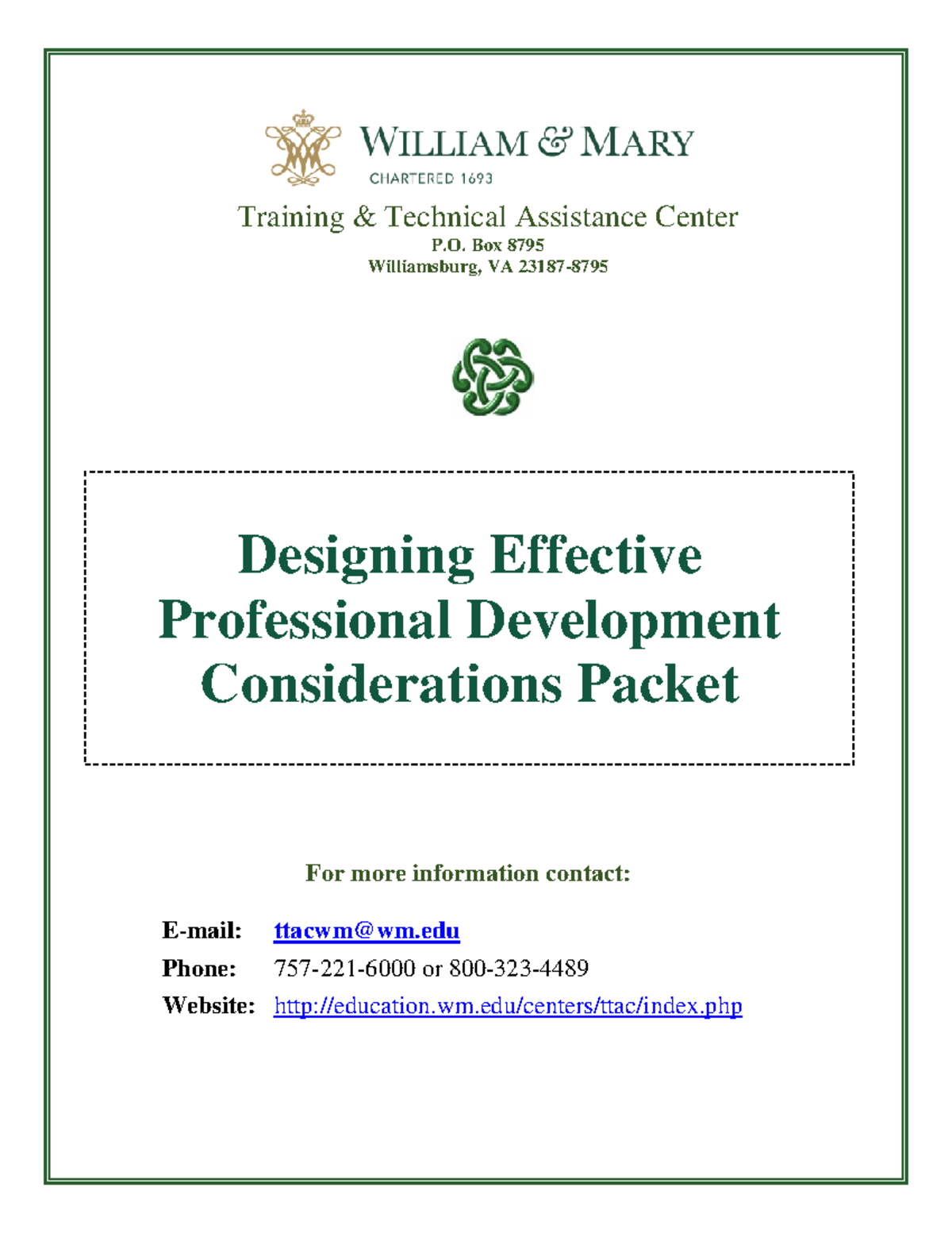 Designing prof dev - Training & Technical Assistance Center P. Box 8795 ...